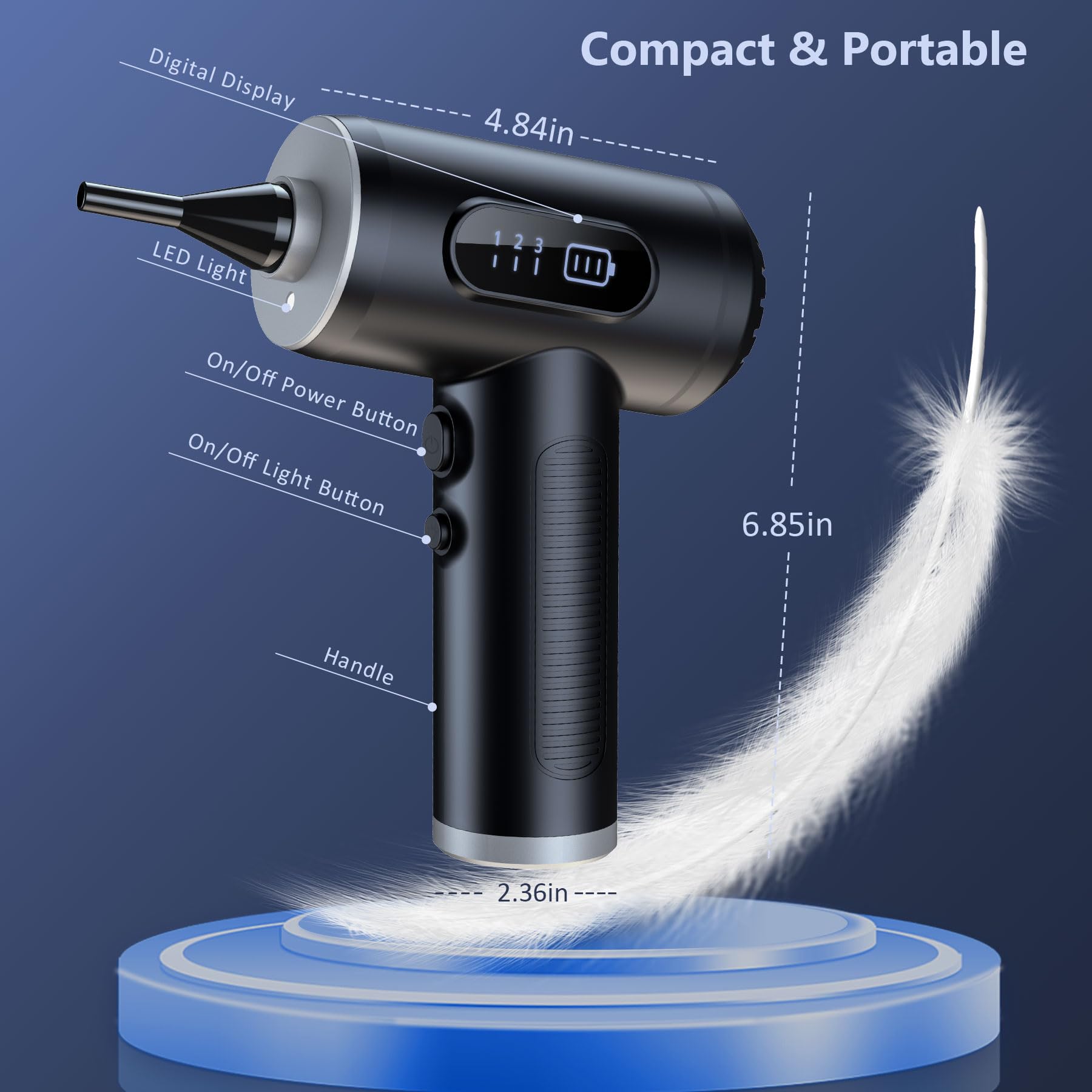 Maxisola Electric Compressed Air Duster & Vacuum 2-in-1, Dust Blower for Computers PC Keyboard Electronics Car Mini Cordless Vacuum Cleaner - 50000RPM 6000mAh Rechargeable with Light Display