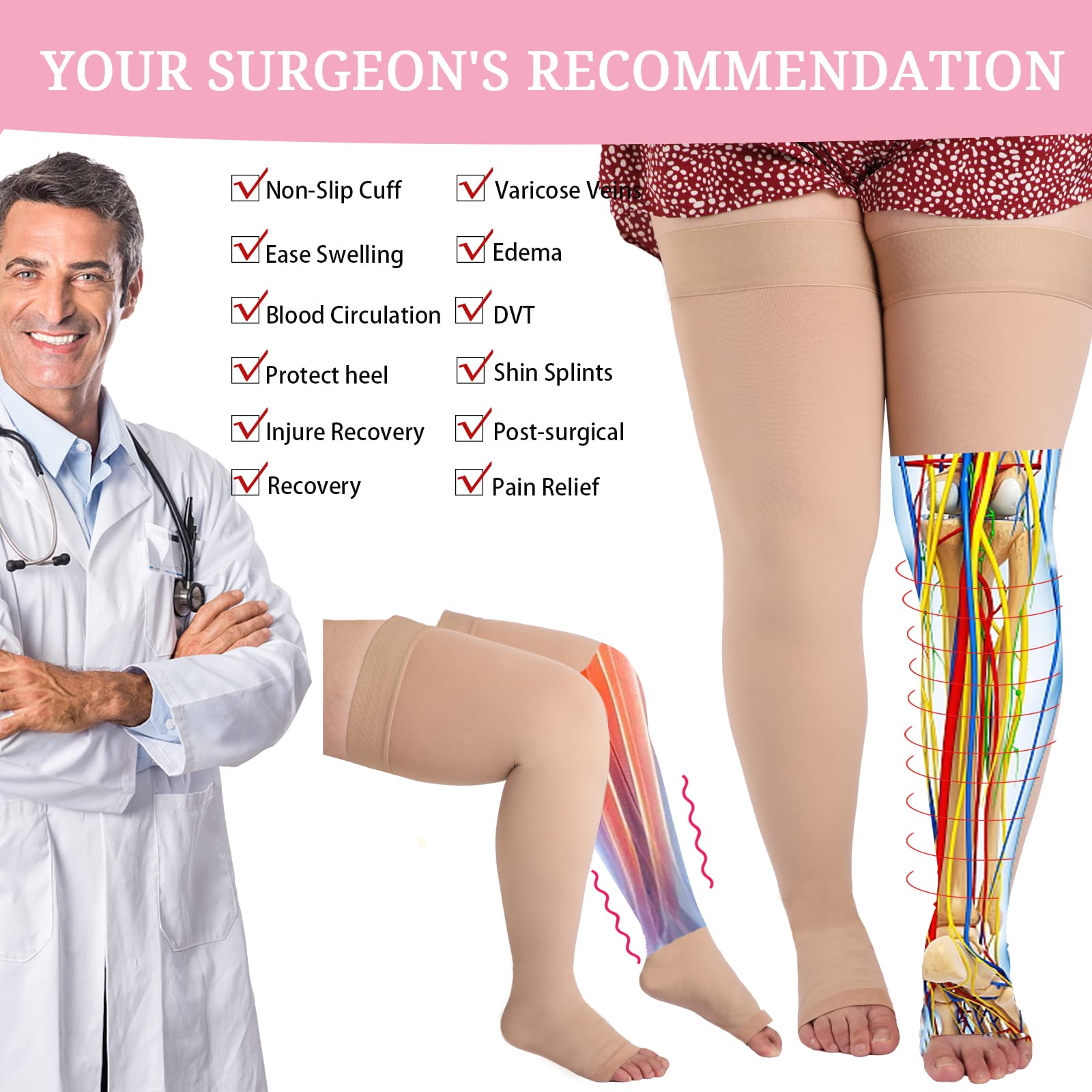 Plus Size Medical Compression Socks 20-30 mmHg for Women Men Circulation with Grip Open Toe Extra Wide Leg Black Beige, 4XL