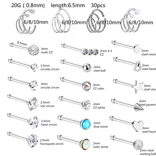 N/D 20G 30Pcs Nose Ring, CZ L Bone Screw Shape Nose Studs, Stainless Steel Body Piercing Jewelry, Women Men Silver Tone