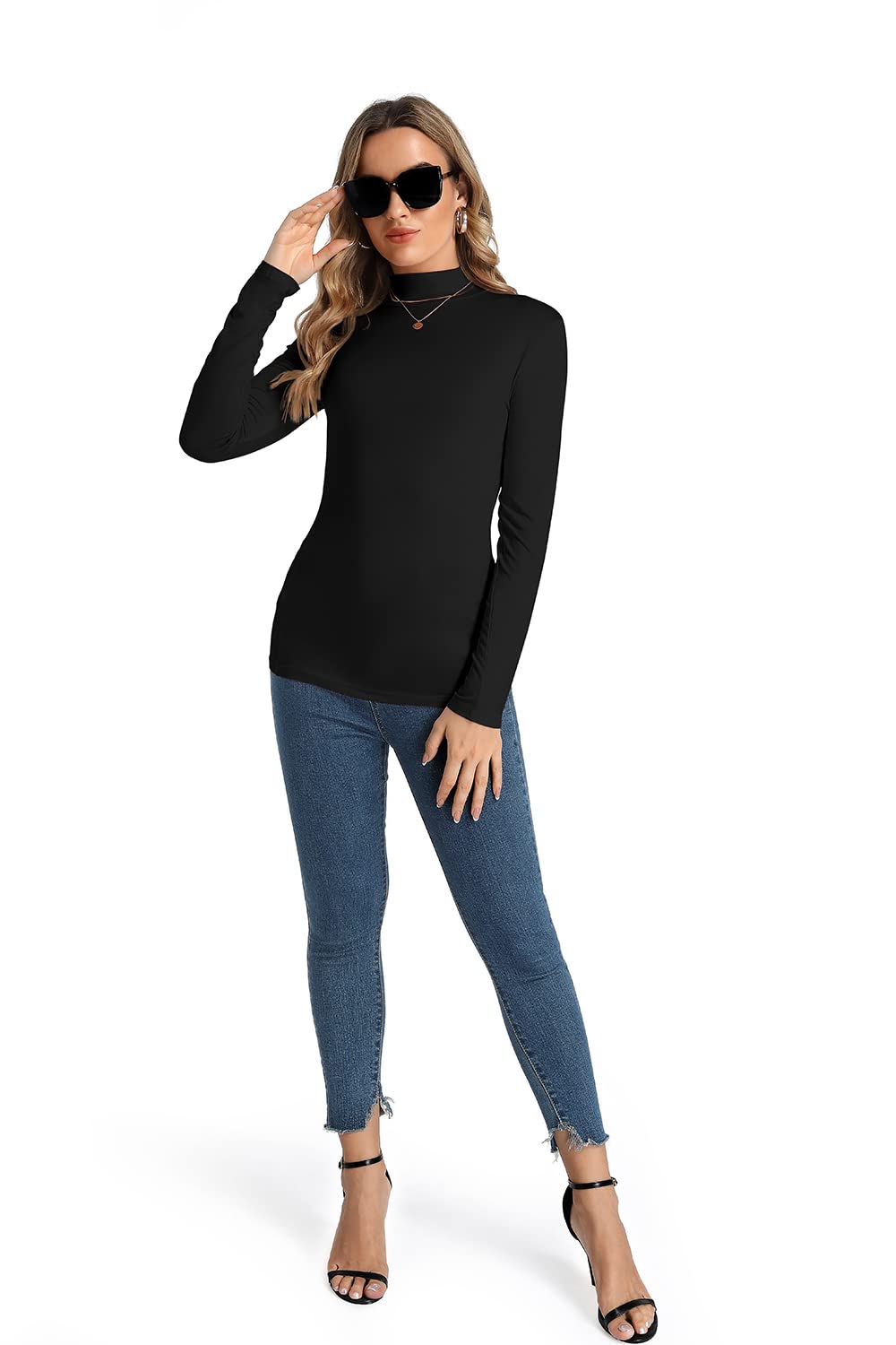 Plus Size Tops for Women Long Sleeve Mock Turtleneck Stretch Slim T Shirt Layer Tops Black XX-Large