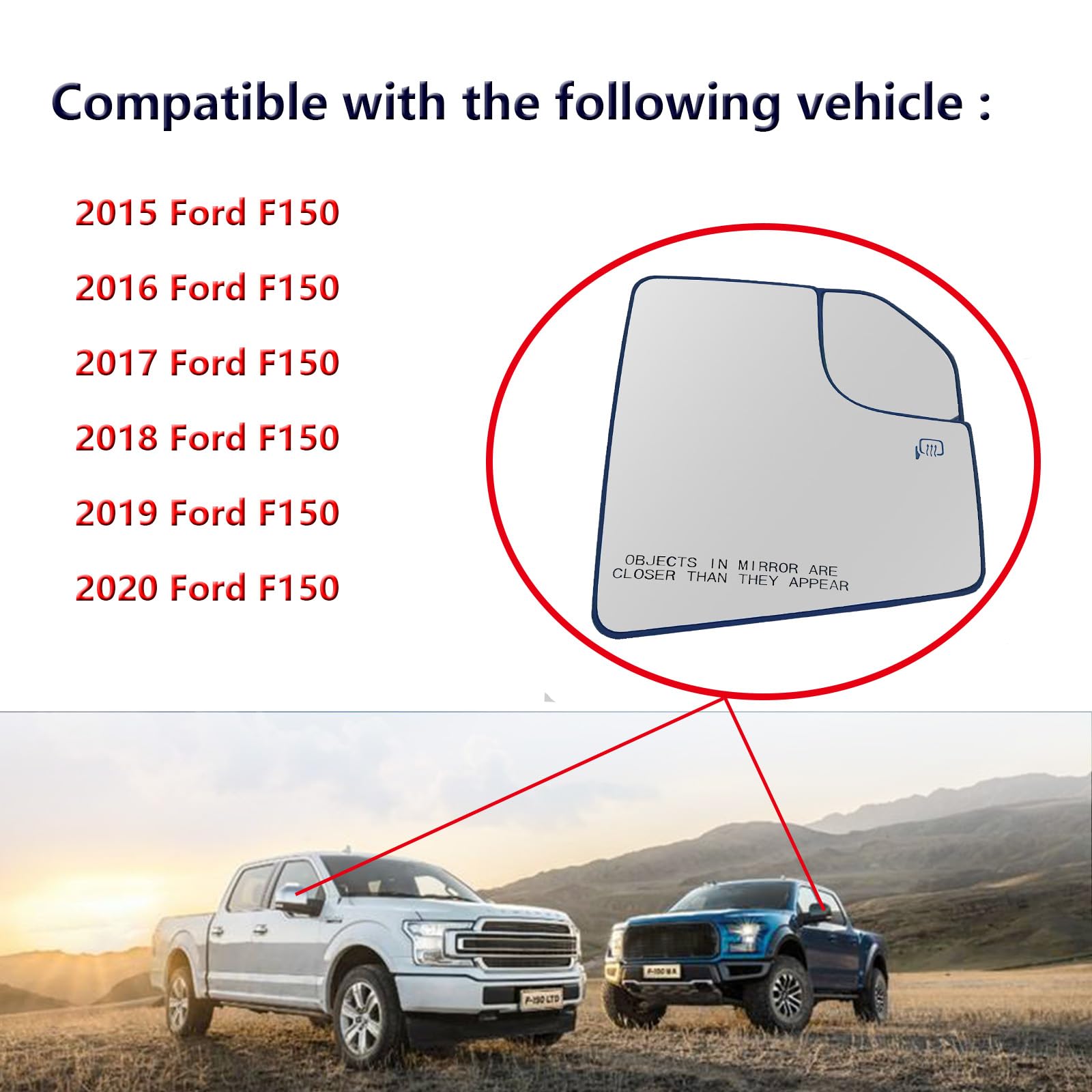 Passenger Side Heated Mirror Glass Replacement For 2015 2016 2017 2018 2019 2020 Ford F150 - for Ford F150 Power Side Mirror with Rear Holder