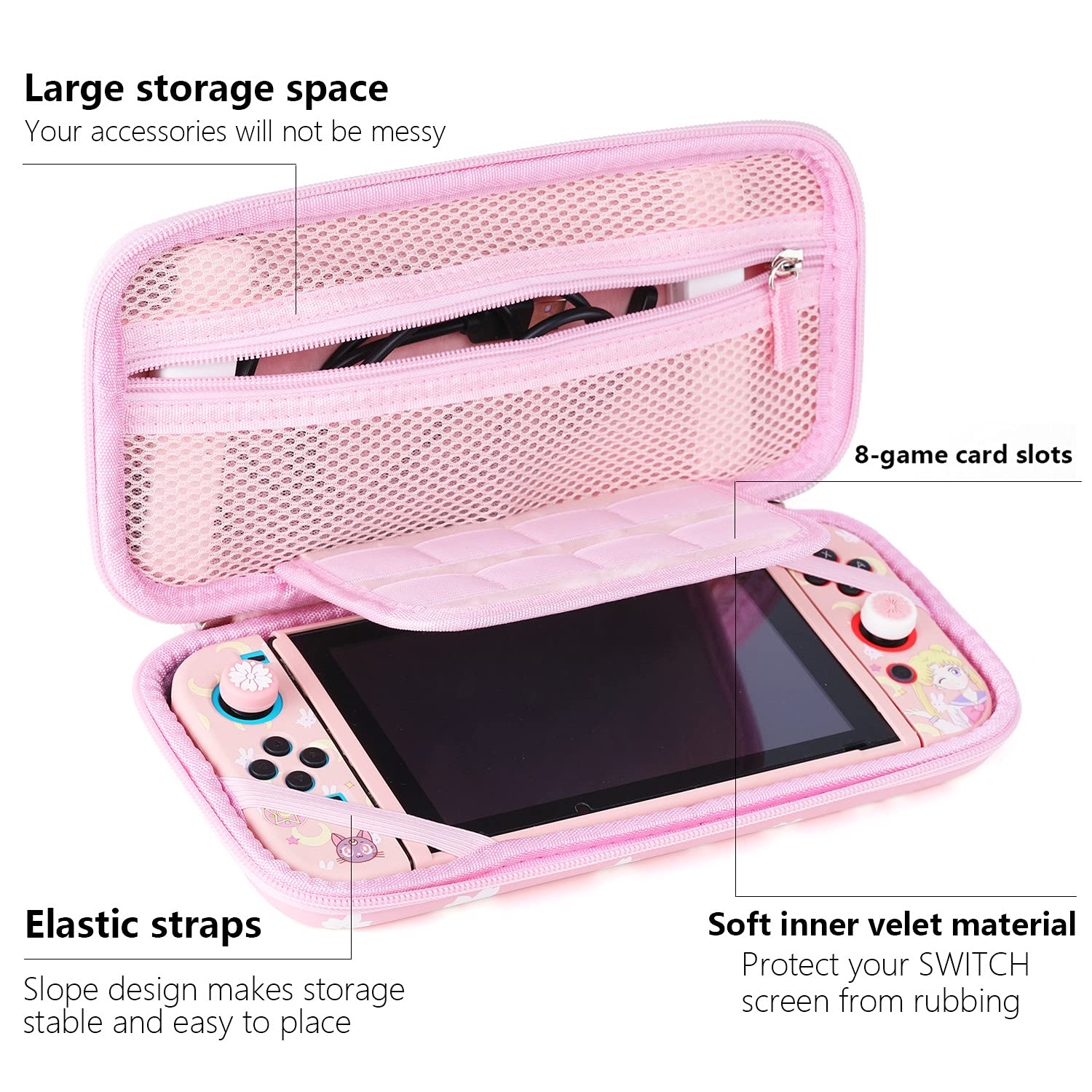 LightPro Pink Carrying Case for Nintendo Switch - Cute Sakura Storage Travel Shoulder Bag with Thumb Grips Tempered Protective Screen Removable Wrist Strap Shoulder Strap