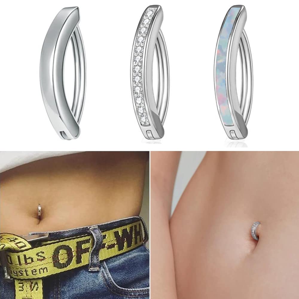 SIMRCIO 3Pcs 14G Clicker Belly Button Ring for Women Surgical Steel Simple Belly Ring CZ Reverse Curved Navel Barbell Body Jewelry