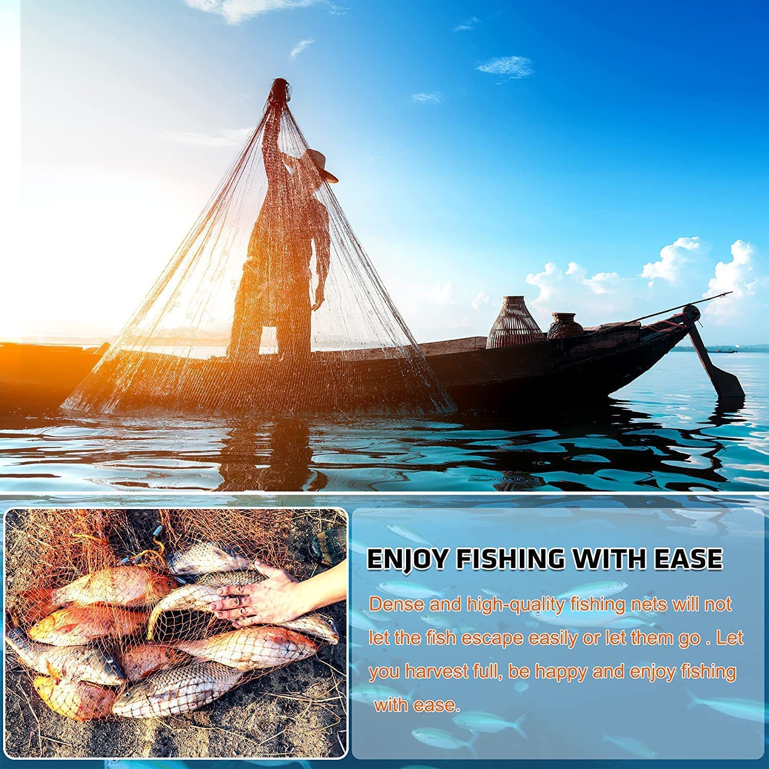 PLUSINNO Fishing Cast Net with Foldable Bucket, 3/8 Inch Mesh Size Cast Nets for Fishing, 4ft/5ft/6ft/7ft Radius Fish Casting Net Freshwater Saltwater, Heavy Duty Throw Casting Nets for Bait Fish