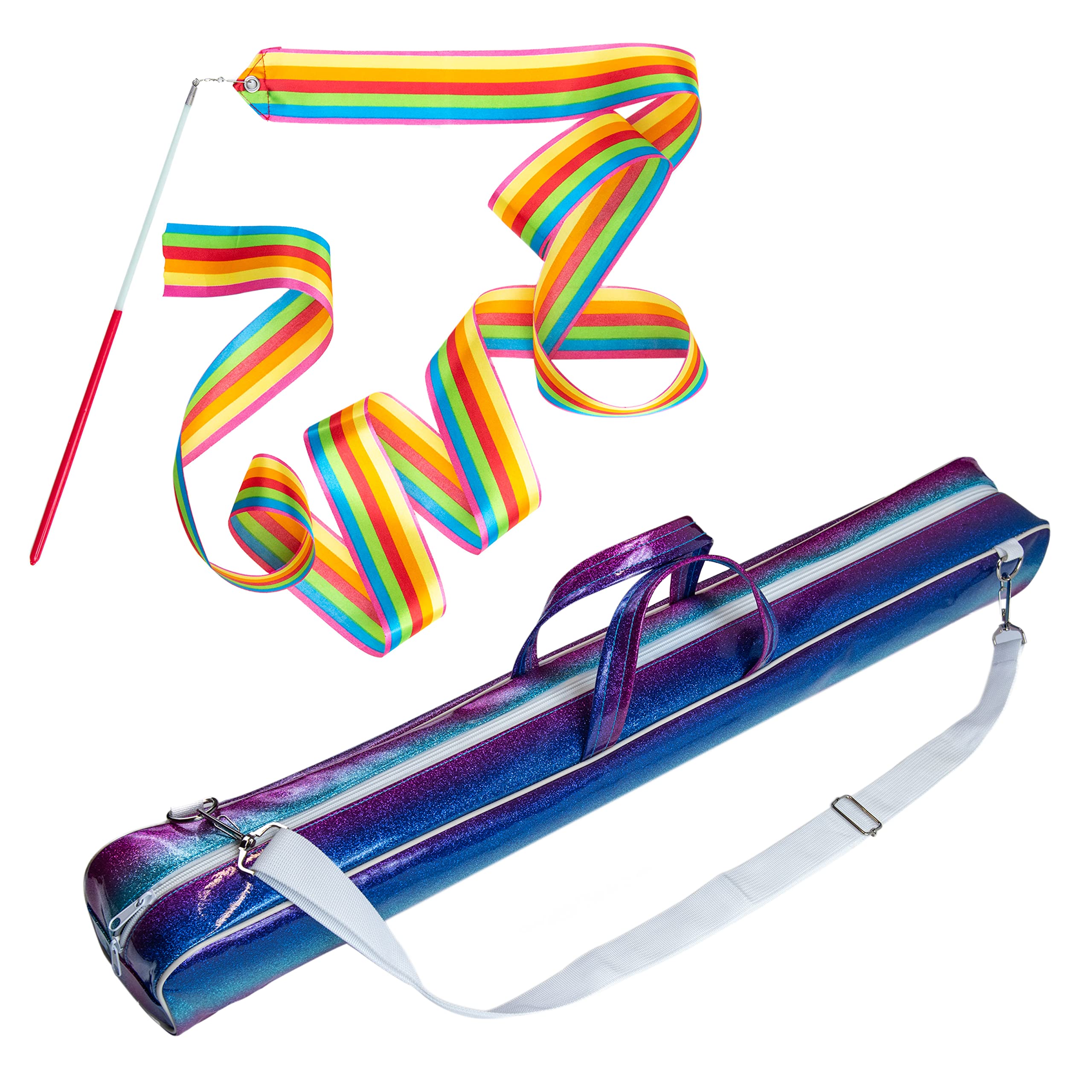 Talltoise Twirling Baton Bag Case with Shoulder Strap - 30 inch (78cm) Rainbow Sparkle Case for Majorette Marching Band, Gymnastics Carry bag - Complete with Rainbow Dance Ribbon Streamer