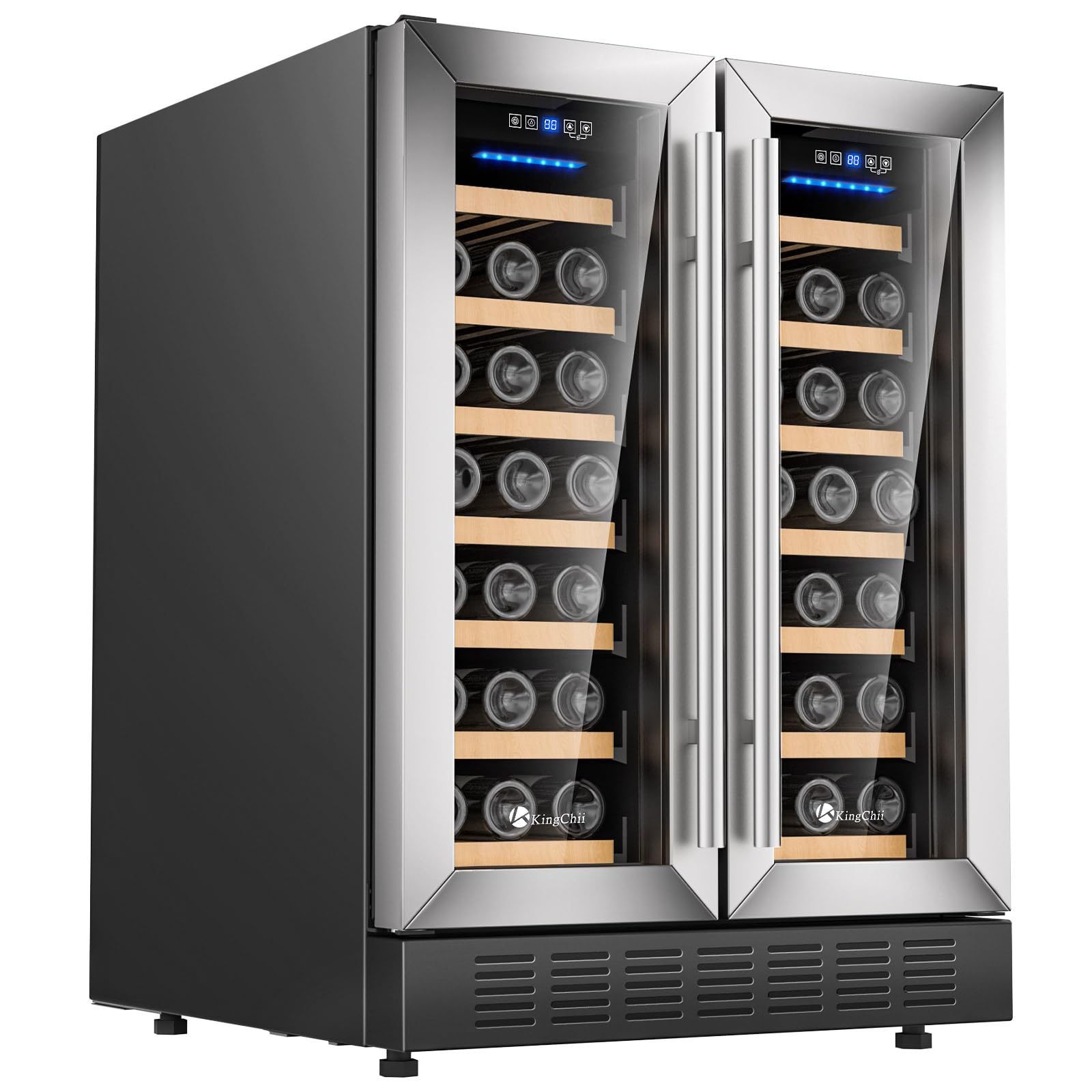 KingChii 24 Inch 34 Bottle Dual Zone Wine Cooler Refrigerator Professional Compressor, Stainless Steel & Tempered Glass For Red Wine, Champagne - Built-in or Freestanding for Home, Kitchen, or Office