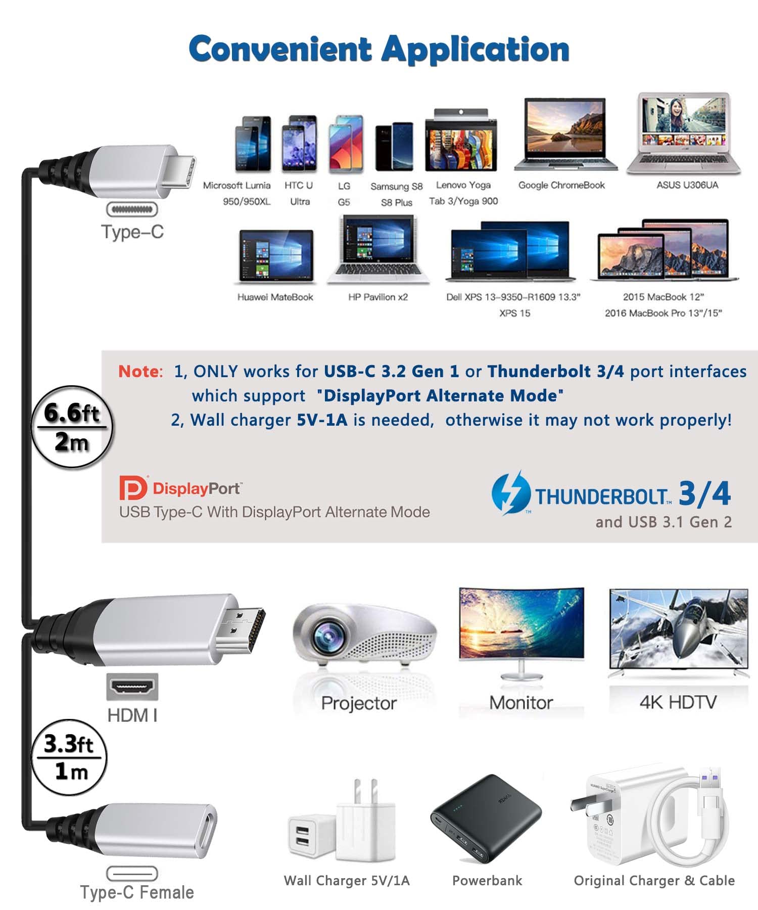 USB C to HDMI Adapter 4K Cable Thunderbolt 3/4 Braided MHL Cord w/ 100W PD Charging Port for MacBook iMac Surface Switch LG Galaxy S22 S21 S20 S10 Note 21 20 9 Android Phone Samsung Dex to Monitor TV