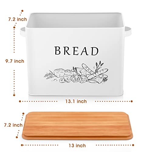 TeamFar Bread Box with Wooden Lid, 13.1β x 7.2β x 9.7β Metal Bread Container Storage Holder for Family Farmhouse Kitchen Countertop, Powder-Coated & Healthy, Large Capacity & Classic Pattern (White)
