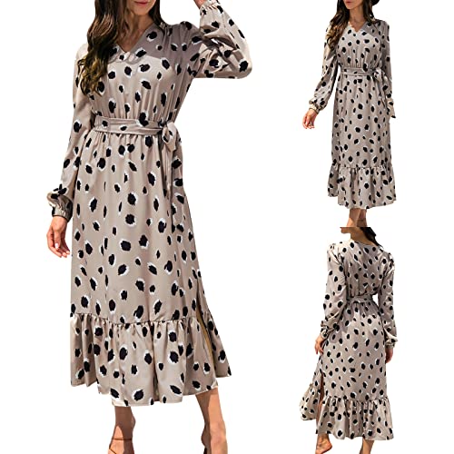 Patchwork Ruffle Dress for Women V Neck Empire Waisted Swing Dress Loose Ruched Polka Dot Long Dress