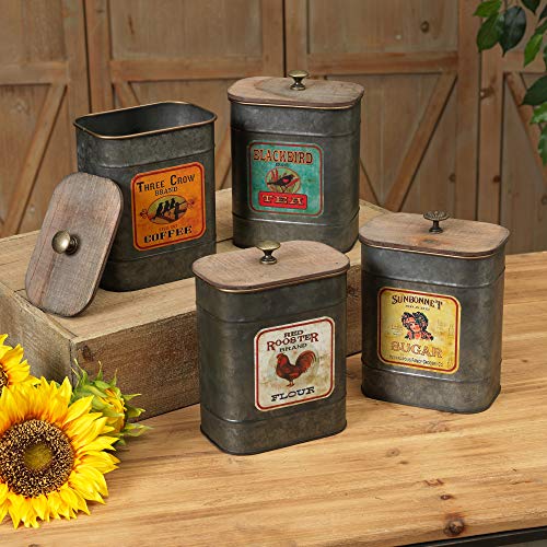Set of 4 Large Vintage Antique Style Galvanized Metal Kitchen Canisters with Wood Lids Sugar Tea Coffee and Flour