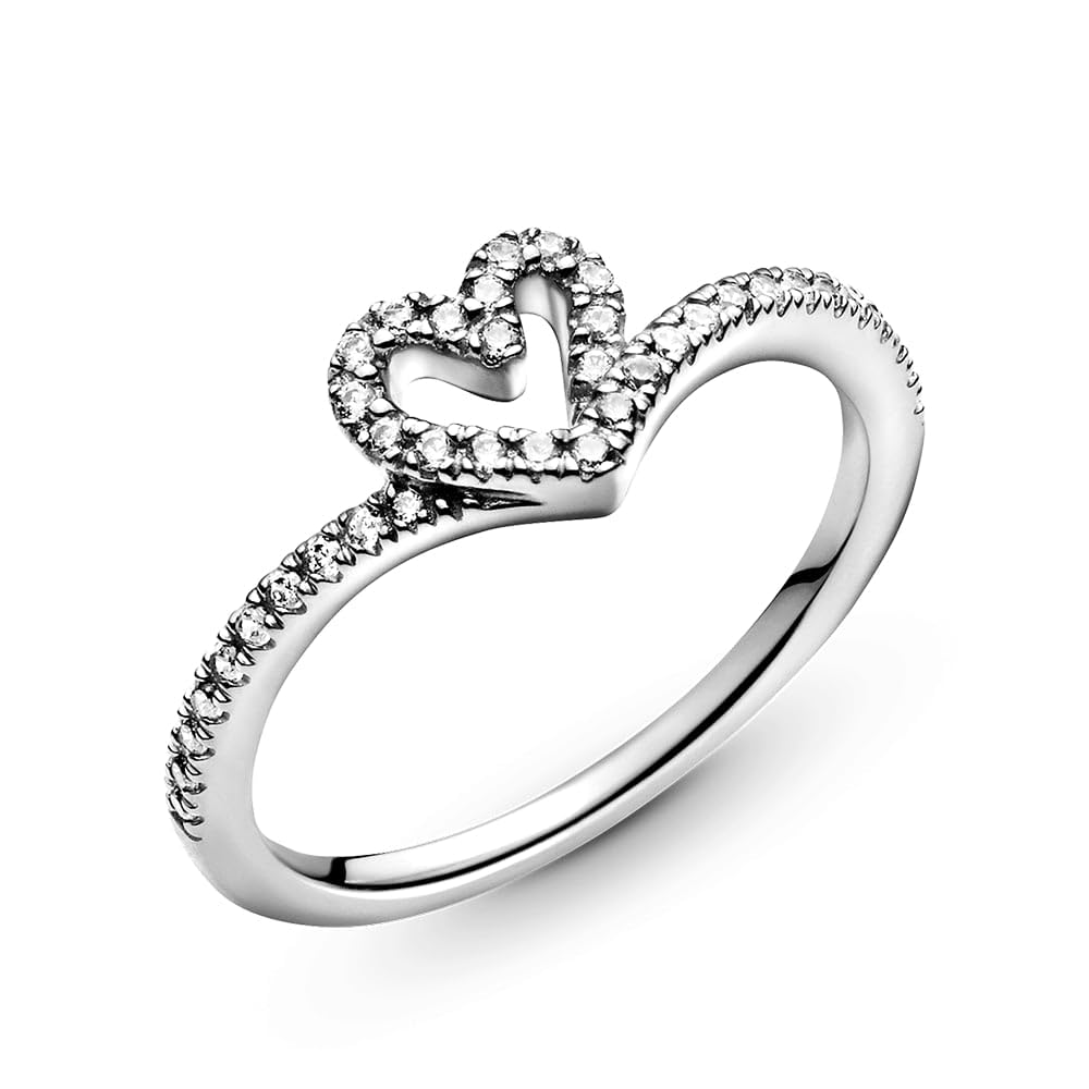 Pandora Jewelry Sparkling Wishbone Heart Ring for Women - Sterling Silver with Cubic Zirconia - Size 4.5, No Box