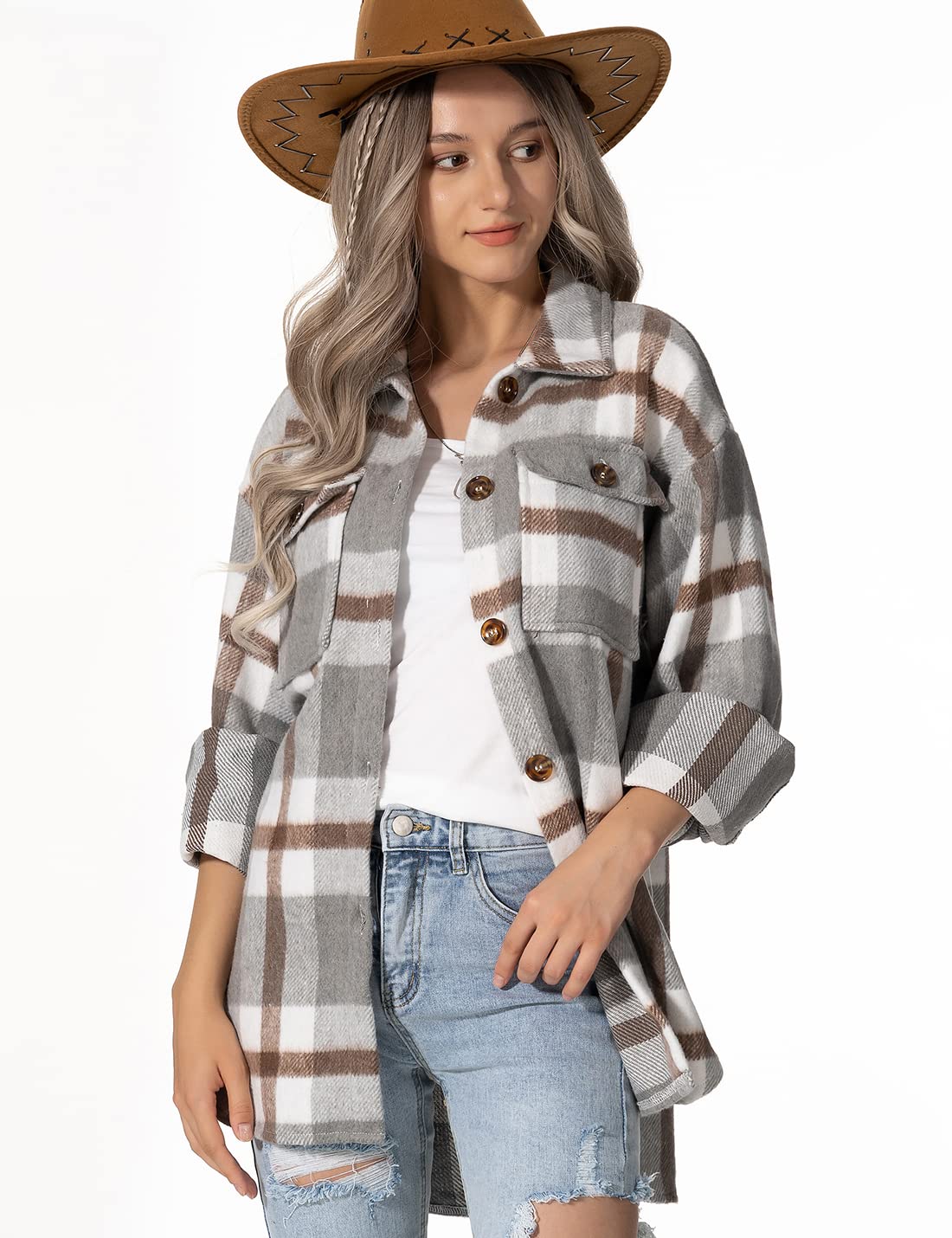 Lviefent Womens Casual Wool Blend Plaid Flannel Shackets Jacket Button Down Shirt Coat (Z-Grey, Small)