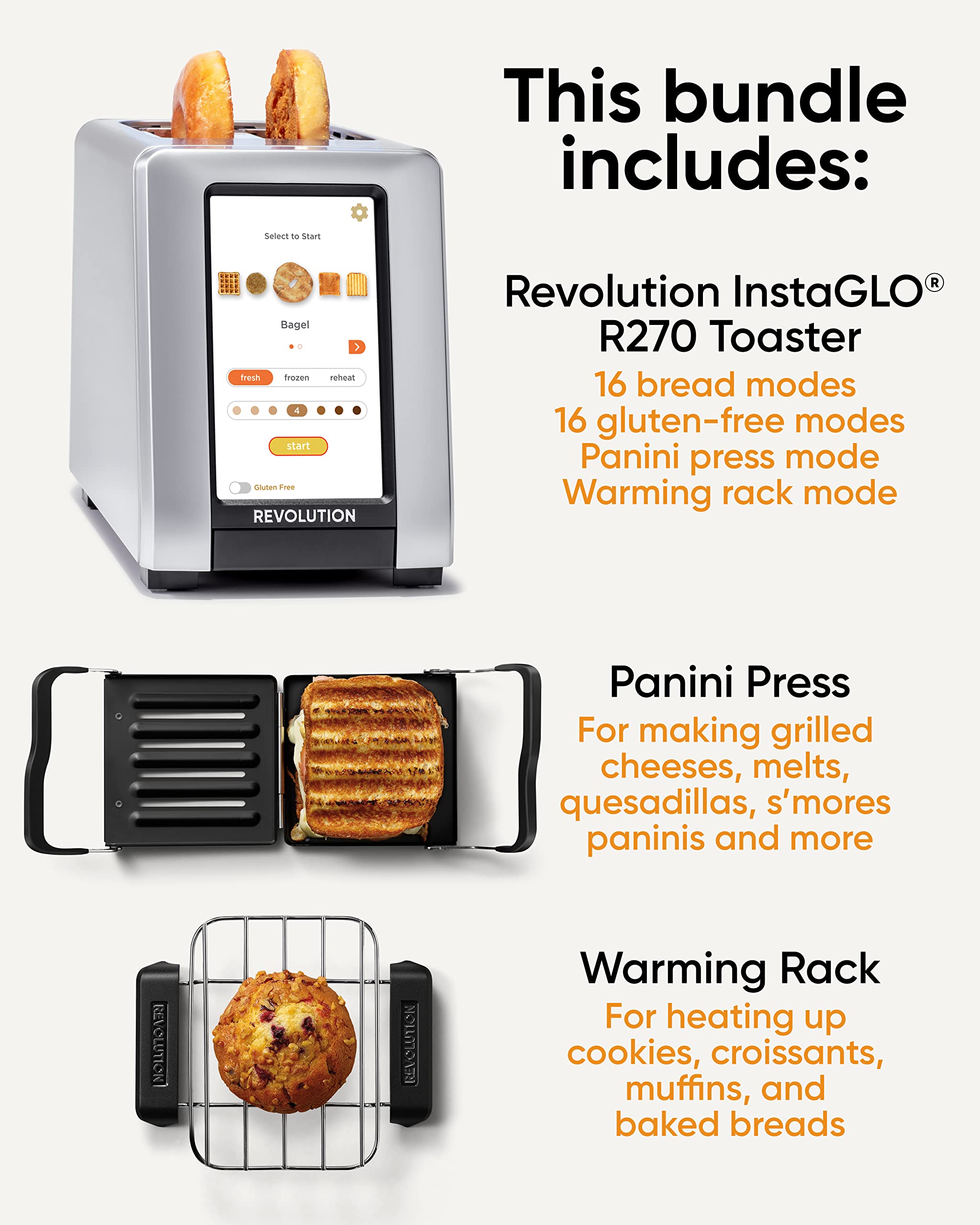 Revolution R270 High-Speed Touchscreen Toaster, 2-Slice Smart Toaster with Patented InstaGLO Technology, Warming Rack & Panini Press