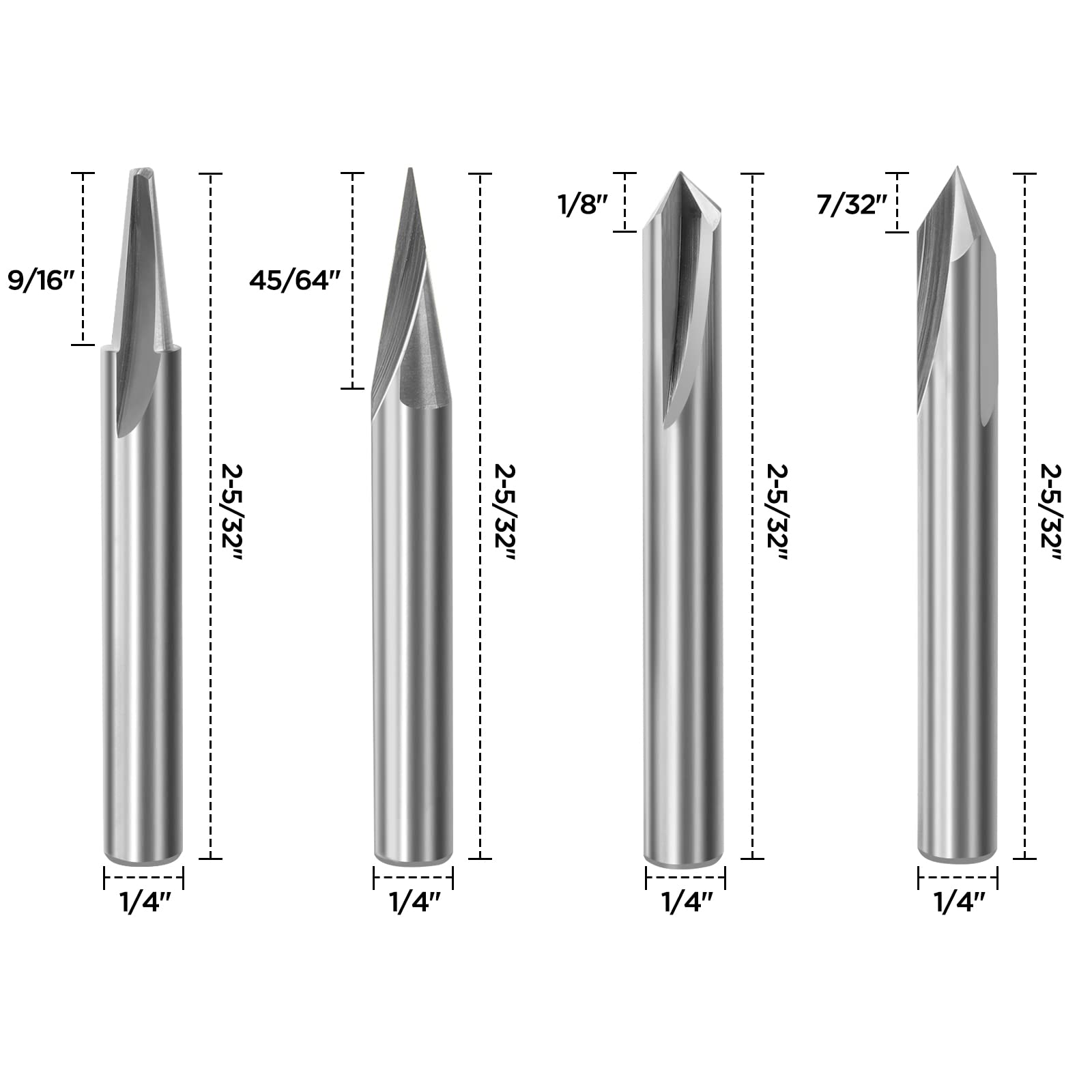 MNA Engraving CNC Wood Carving Router Bit Set, 4 Piece, 1/4" Shank, Soild Carbide 15° 20° 60° 90° V Groove Bit. for CNC or Wood Router, MNA Industrial Grade.