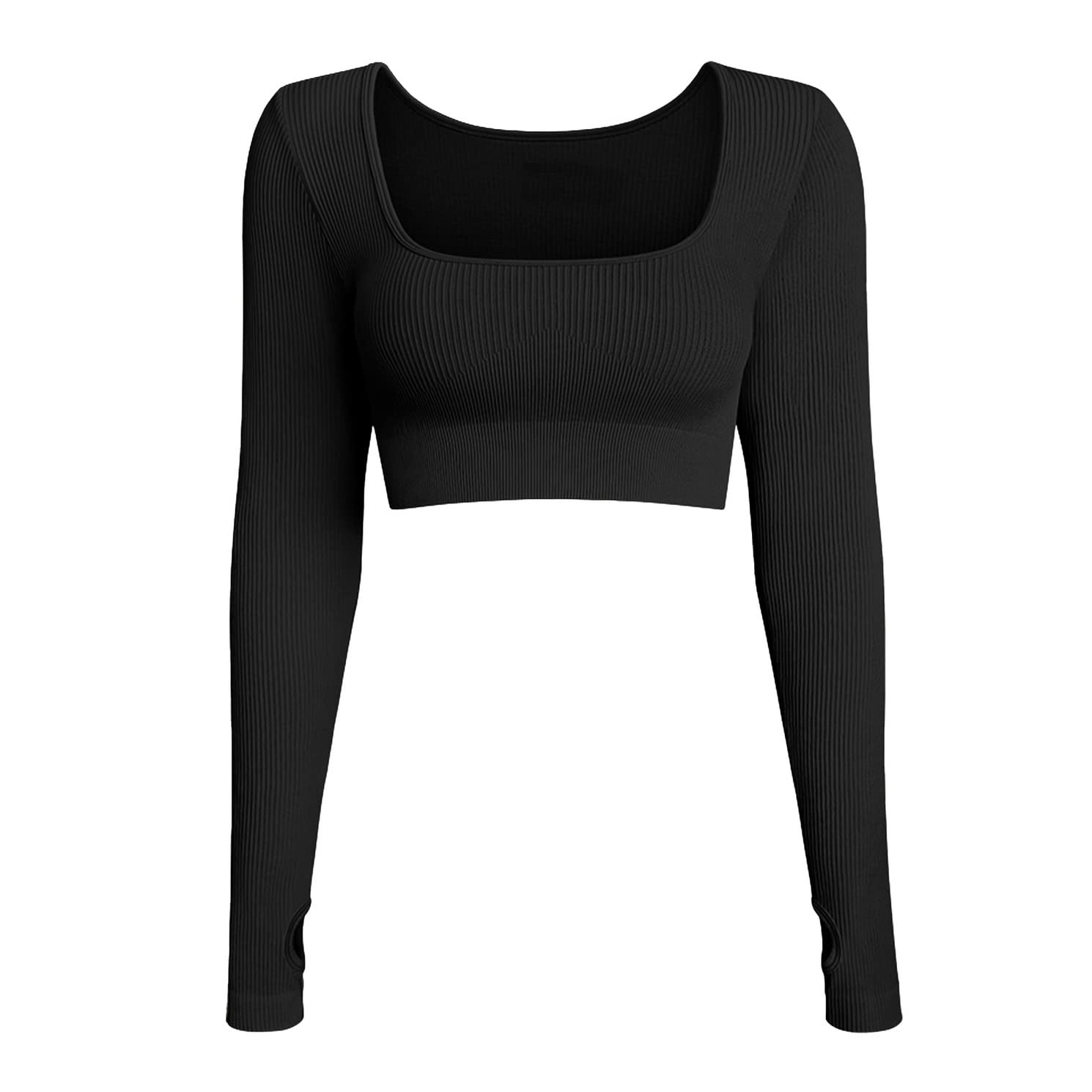 Talakeno Women's Workout Crop Tops Ribbed Seamless Long Sleeve Yoga Exercise Tops(Black,M)