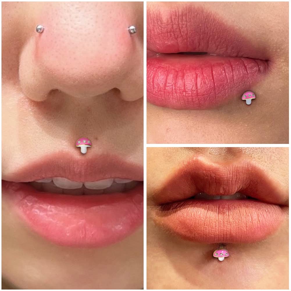 OUFER 16G Lip Ring Studs, 316L Stainless Steel Mushroom Internally Threaded Labret Piercing Jewelry, Paved CZ Lip Rings Helix Tragus Stud Cartilage Earring