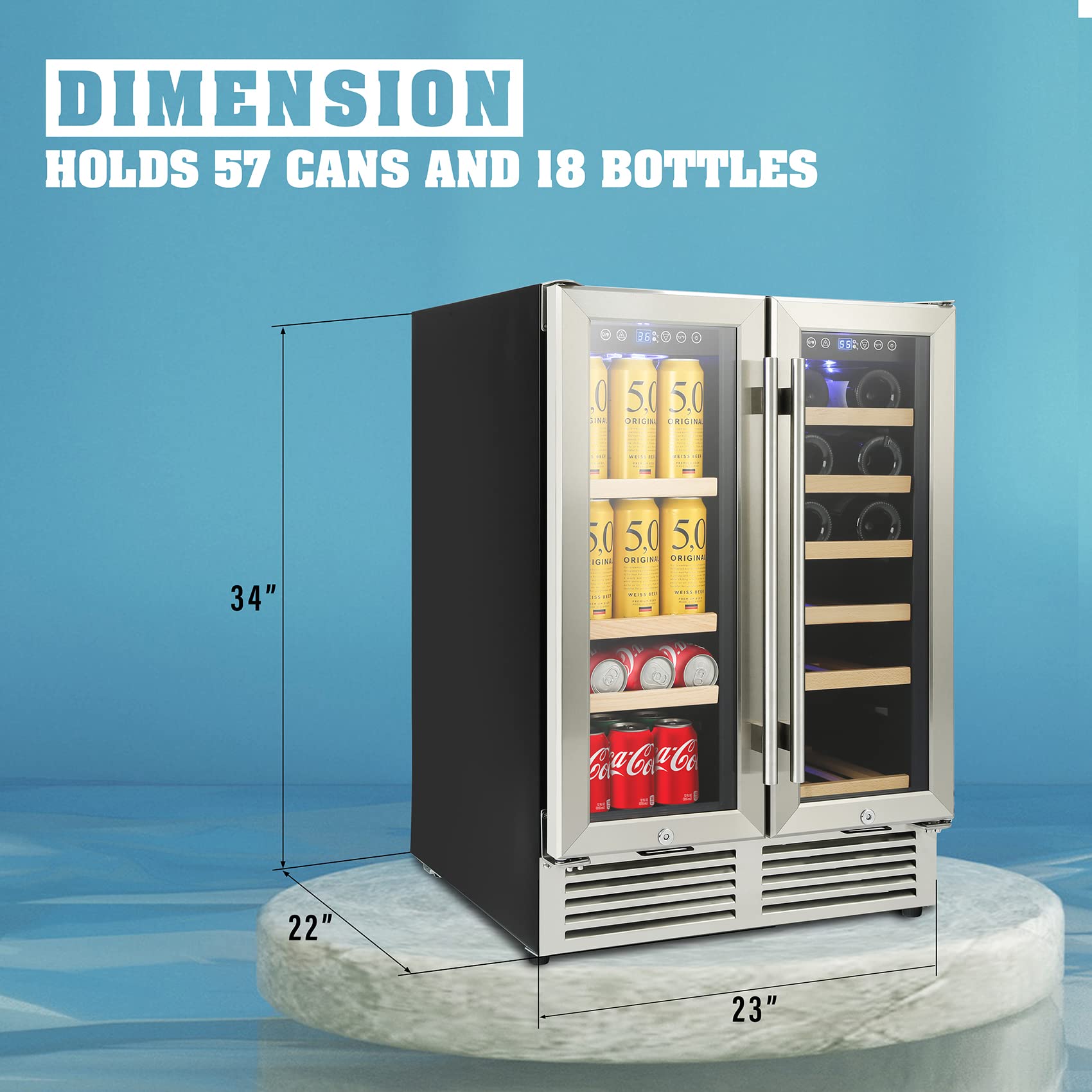 TCFUNDY Wine and Beverage Refrigerator, 2-IN-1 Beverage and Wine Cooler Dual Zone, Holds 18 Bottles and 57 Cans, Independent Temperature Control, Built-In or Freestanding Fridge