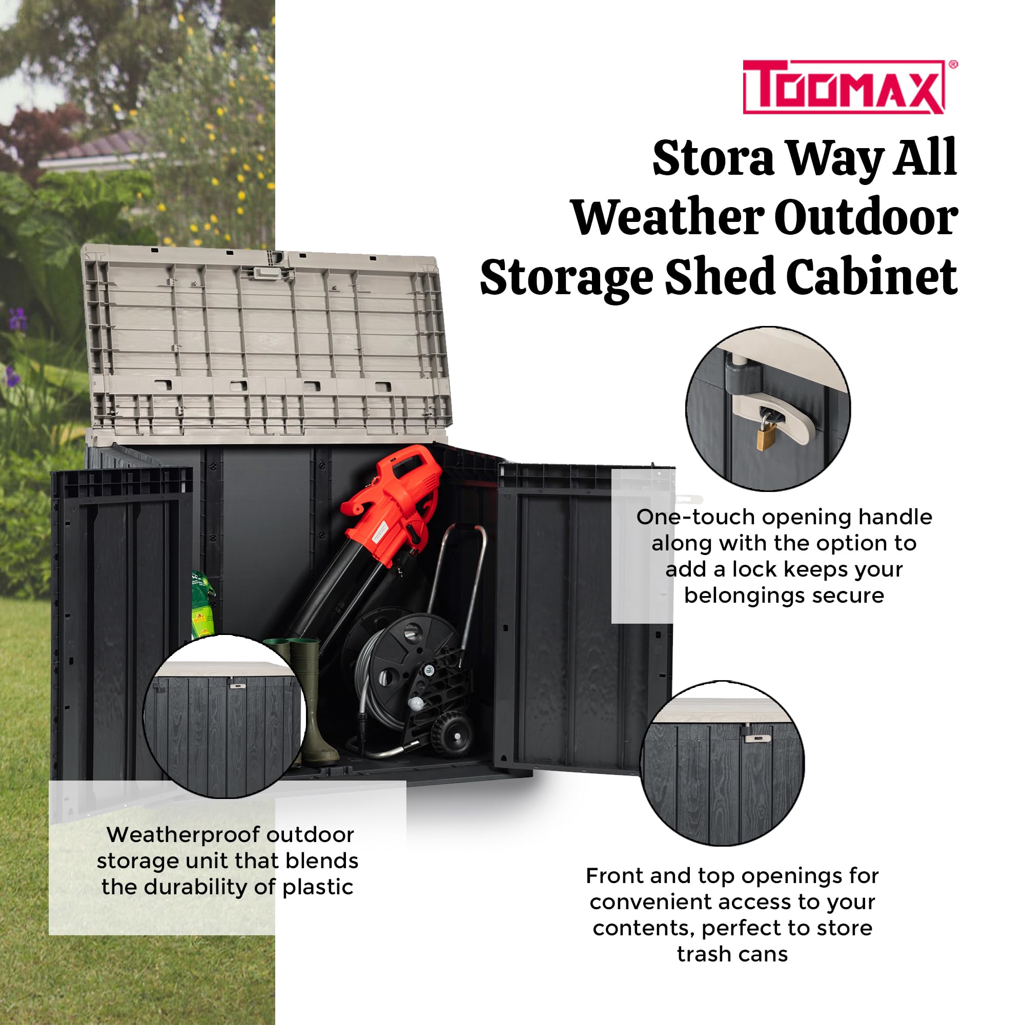 Toomax Stora Way Horizontal Outdoor Storage Shed Cabinet for Trash Cans, Gardening Tools, and Yard Equipment, Taupe Gray/Brown