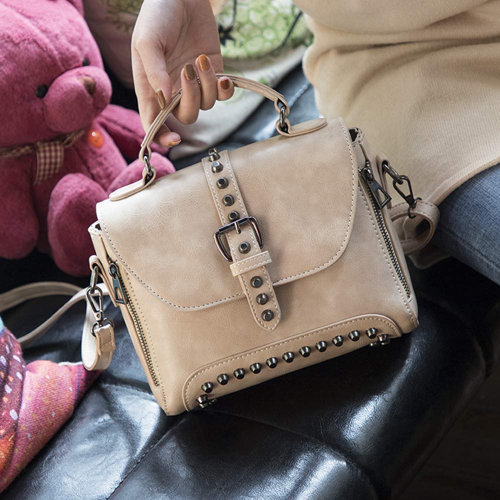 Mn&Sue Women Gothic Rivet Studded Crossbody Bag Vintage Pu Leather Top Handle Satchel Shoulder Messenger Purse for Lady (#1 Beige White)