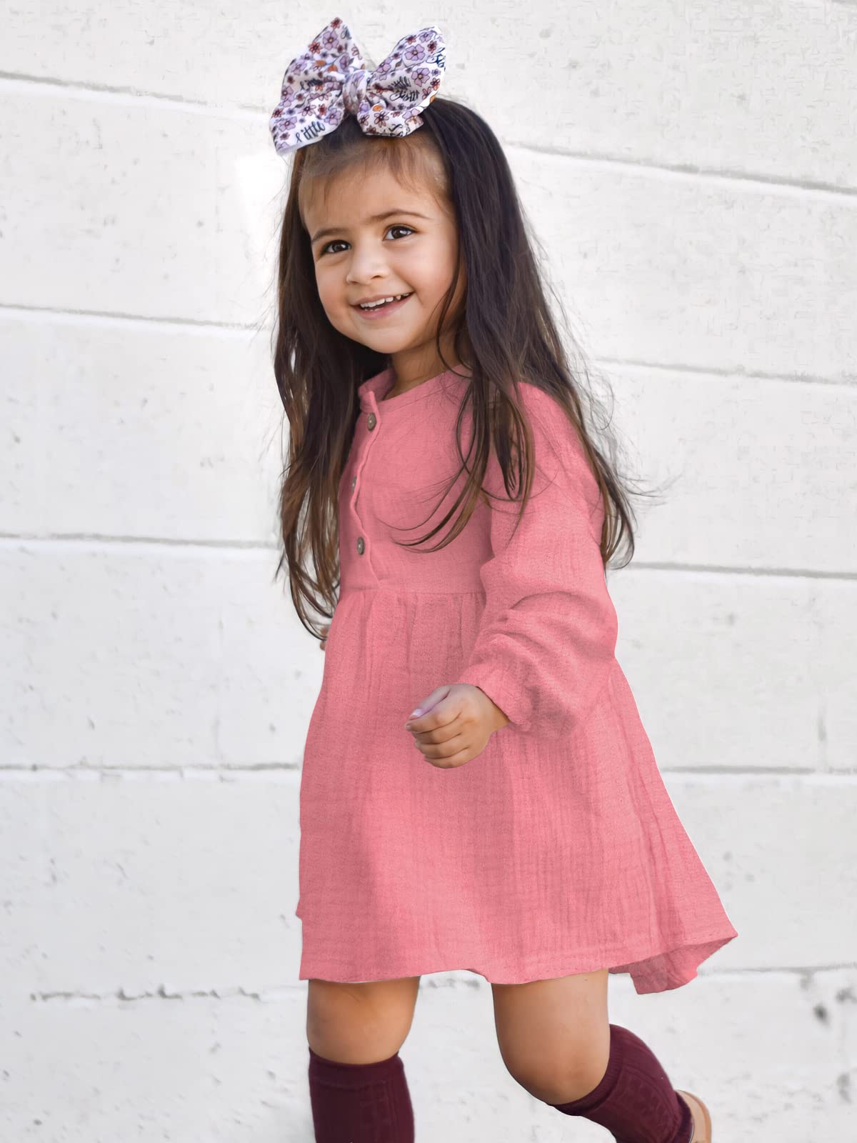 Toddler Pink Dress Long Sleeve Dress Size 4 5 Cotton Linen Plain Button Down Vintage Dresses Tea Party Bow Belt Spring Fall Dresses 4T 5T