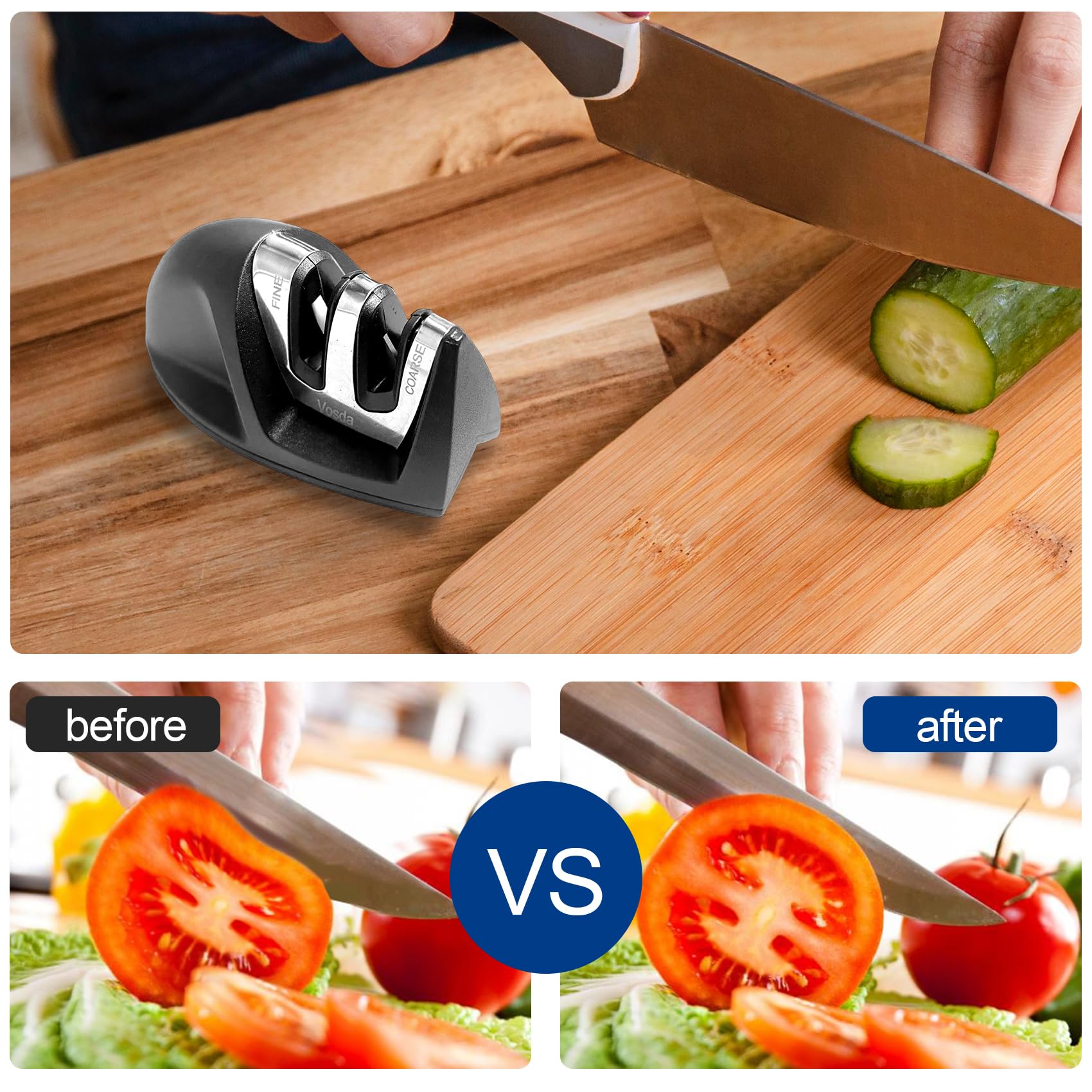 Vosda Knife Sharpener, 2-Stage Coarse & Fine Kitchen Knife Sharpener Tool, Black Afilador De Cuchillos, Scissor Pocket Knife Straight Knives Professional Sharpening Tool, Non-Slip Base