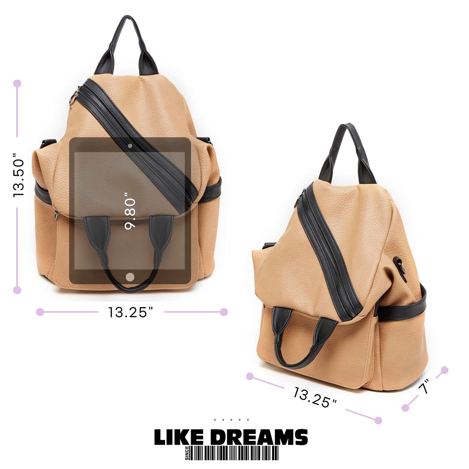 Like Dreams Unisex Wander Sideways Zip Hobo Backpack Convertible Vegan Leather Messenger Bag (Ivory)