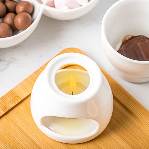 Tebery Fondue Set with 4 Color Forks, Premium Tea Light Porcelain Melting Pot for Cheese, Chocolate and Tapas - White