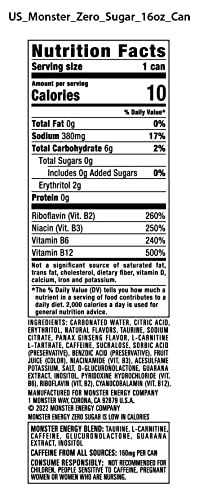 Monster Energy Zero Sugar, Green, Original, Low Calorie Energy Drink, 16 Fl Oz (Pack of 15)