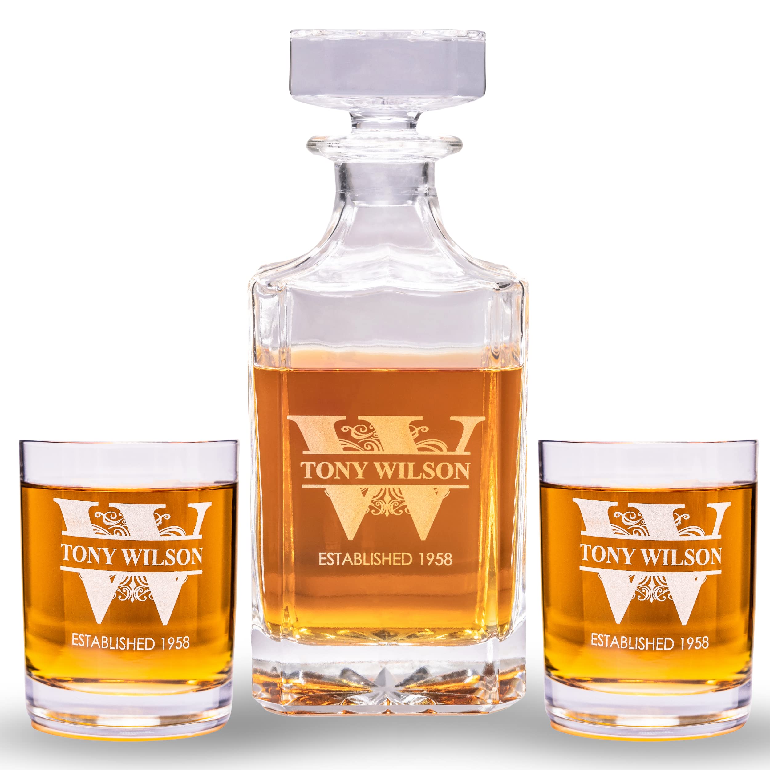 Personalized Whiskey Decanter Set – Engraved Glass Cups Drinking Glasses Set of 2 – Custom Whiskey Glasses Drinking Set – Whiskey Gifts for Men, Him, Wedding, Groomsman