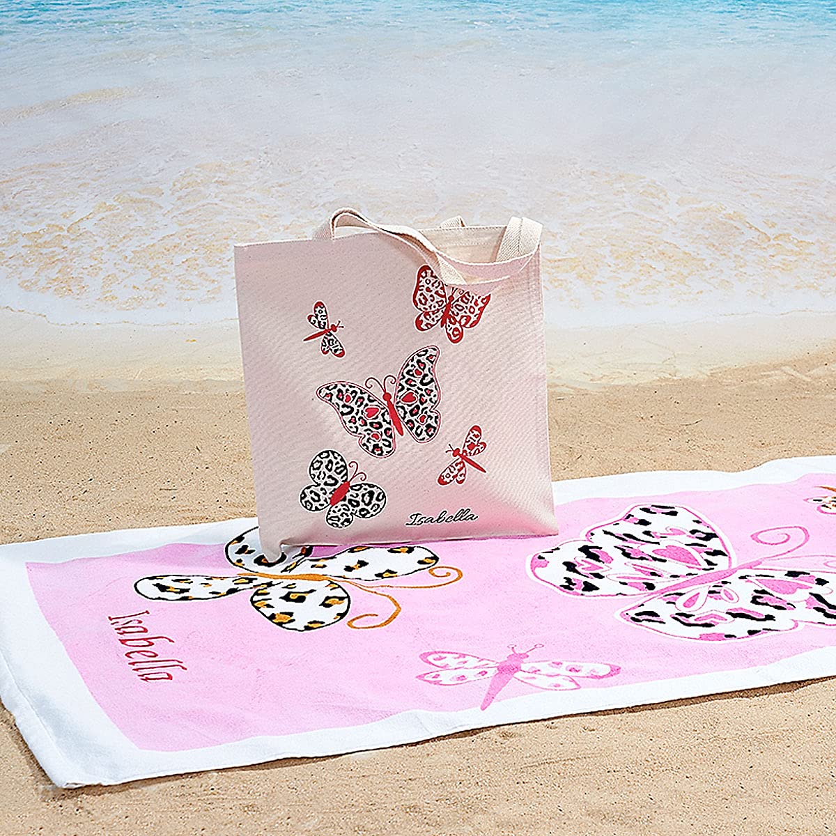 Lillian Vernon Personalized Canvas Tote - Fun Leopard Print Butterfly Design, 100% Cotton Fabric, Custom Printed, 15 inch x 16 inch, Cute Bags for Kids