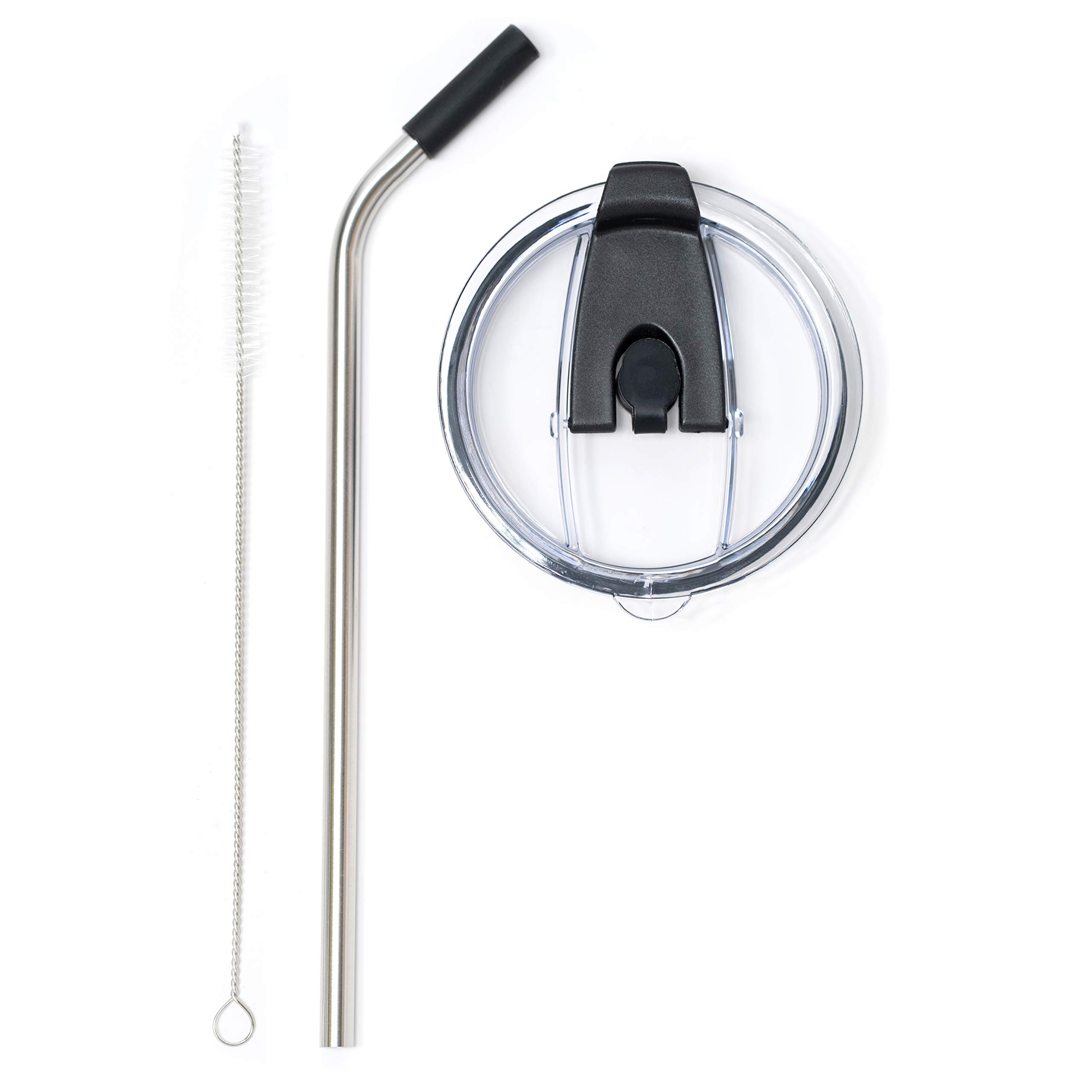 Spill Proof Tumbler Lid with Angled Stainless Steel Straw + Silicone Straw Tip + Straw Cleaning Brush for Yeti Rambler or Ozark Trail Tumblers (30oz, Black)