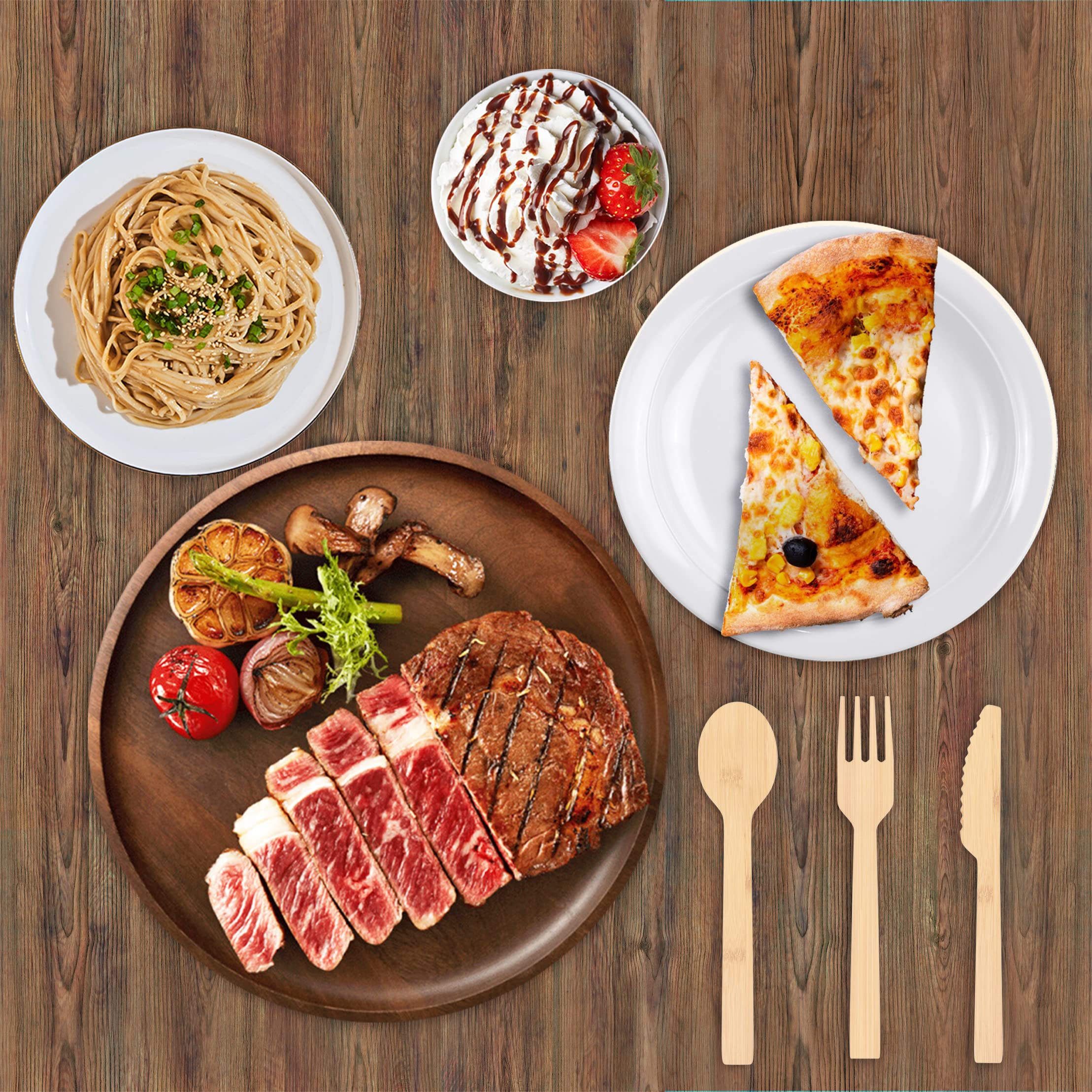 Raslate 3 Bamboo Silverware Utensil Organizers Flatware Holders with Biodegradable Wooden Cutlery Set Disposable 25 Forks 25 Spoons 25 Knives for Eating Eco Friendly Serving Natural Cutlery