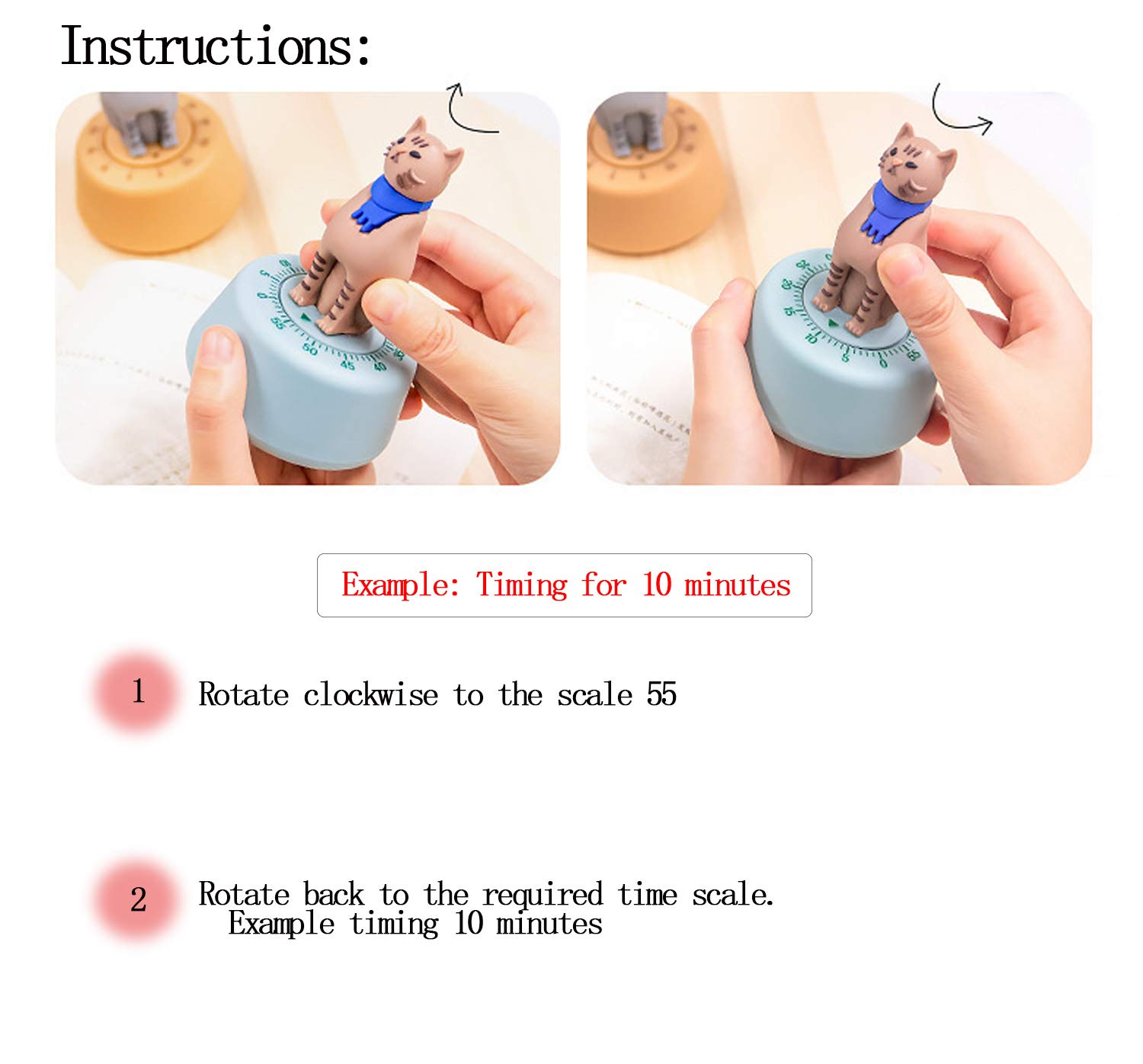 Ranvi Timer Cat Shaped Time Manager Mechanical Kitchen Timer, Suitable for Kitchen, Learning, Daily(Gray)