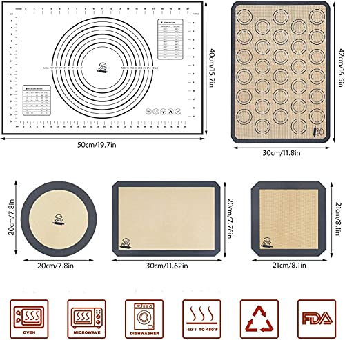 Silicone Baking Mat Set Rolling Pin Non Stick Dough Baking Sheet Pastry Mat Set for Cookie Macaroon Pizza Heat Resistant Non Slip Silicone Food Grade Sheets Mats Reusable Food Safe Liners