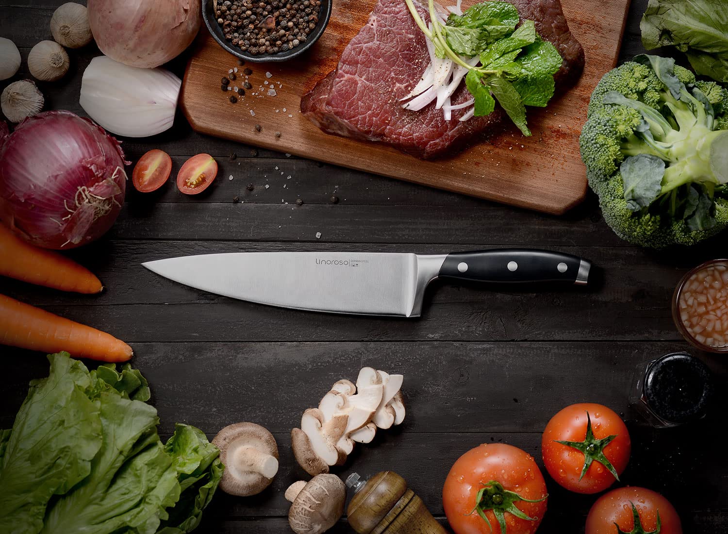 linoroso Chef Knife - Professional Pro Kitchen Knife 8 inch Chef's Knives, German High Carbon Stainless Steel Ultra Sharp Cooking Knife with Full Tang Ergonomic Handle - Classic Series