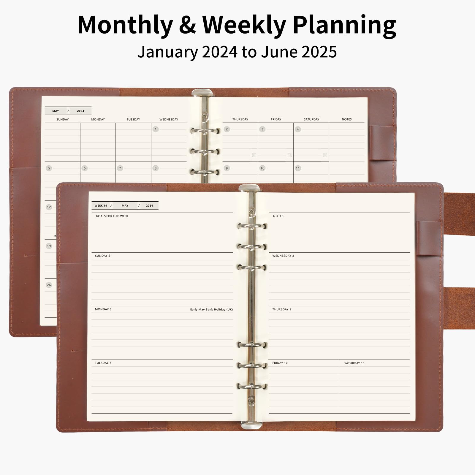 Nekmit Leather Planner 2024-2025, Monthly Weekly Planner, A5 Refillable 6 Ring Binder, Genuine Leather Cover with Inner Pockets and Pen Holder, Brown