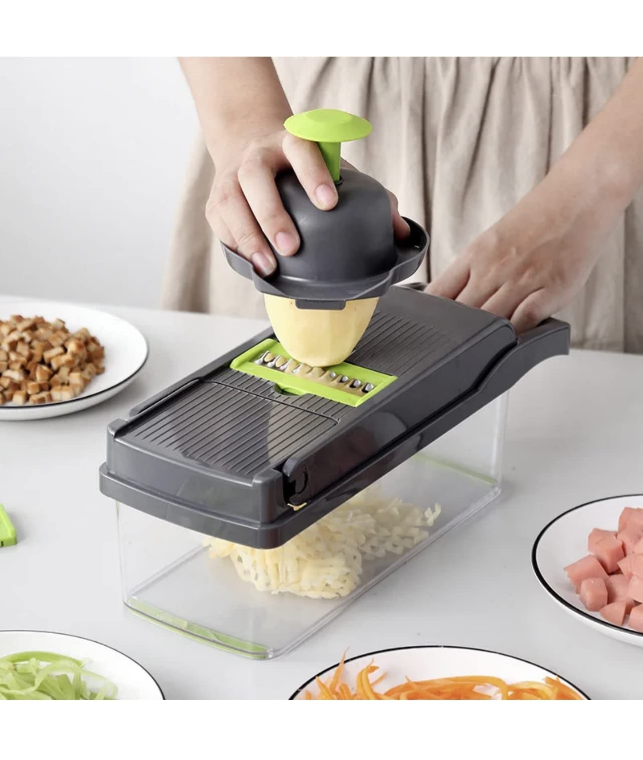 Lovelybren 12-in1 Vegetable Chopper - Heavy Duty Mandoline Slicer For Kitchen With 7 Blades, Egg Separator, Strainer - Fruit & Vegetable Slicer With Container - Hand-Wash - 13.4x4.7x4.9", Gray