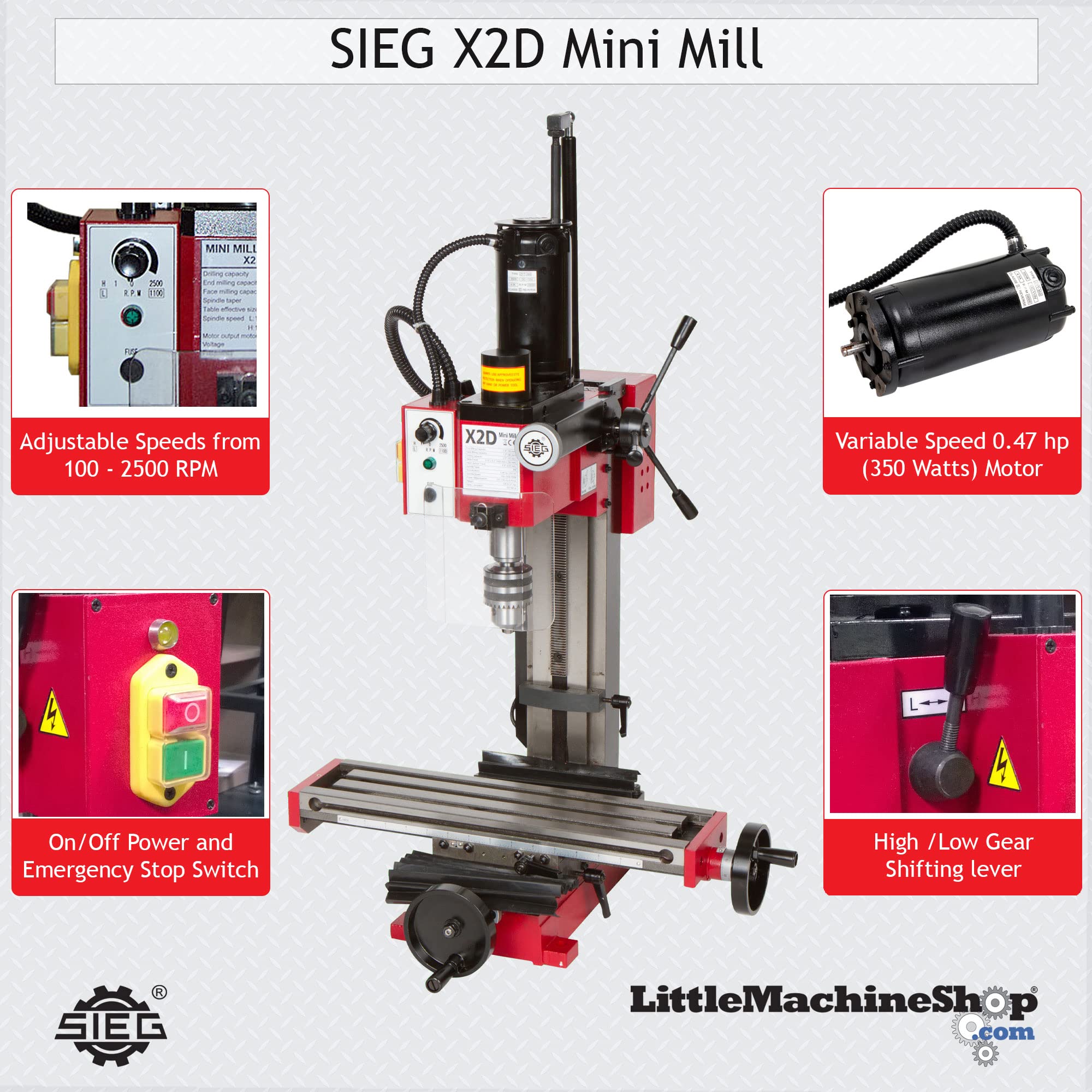 SIEG Mini Mill X2D - 350 Watt Variable Speed include R8 Spindle Taper, LittleMachineShop.com