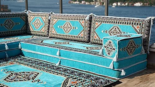 Turquoise Arabic Floor Sofa Set, Floor Cushions, Balcony Patio Sofas, Terrace Sofa, Ethnic Sofa, Moroccan Sofas, Sectional Sofas, Hookah Sofas (L Sofa + Rug)