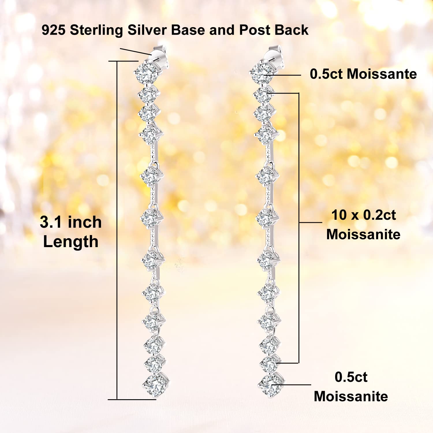 Moissanite Dangle Stud Earrings for Women, 3-6CT DF Color Ideal Cut 925 Sterling Silver Simulated Diamond Earrings with Certificate of Authenticity (6cttw Long Chain)