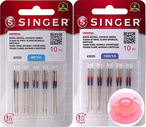 Singer 20 Counts : 10-Pack Universal 2020 Sewing Machine Needles, Size 90/14 and Singer 10-Pack Universal 2020 Sewing Machine Needles, Size 100/16 Bundle with Inceler Brand Plastic Bobbin