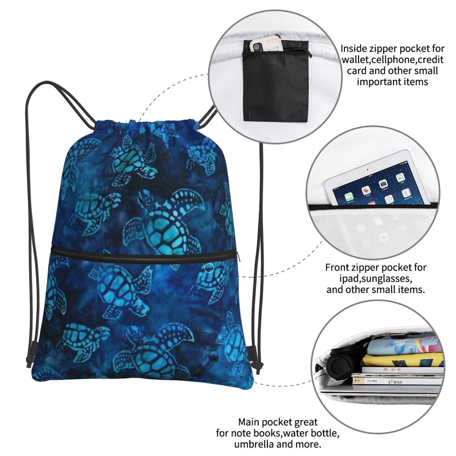 OVPSZFYO Cute Blue Sea Turtle Waterproof Drawstring Backpack Bag Gym for Women Men with Zipper Pocket Light Draw Sports String Back Beach Travel Cinch Sack One Size