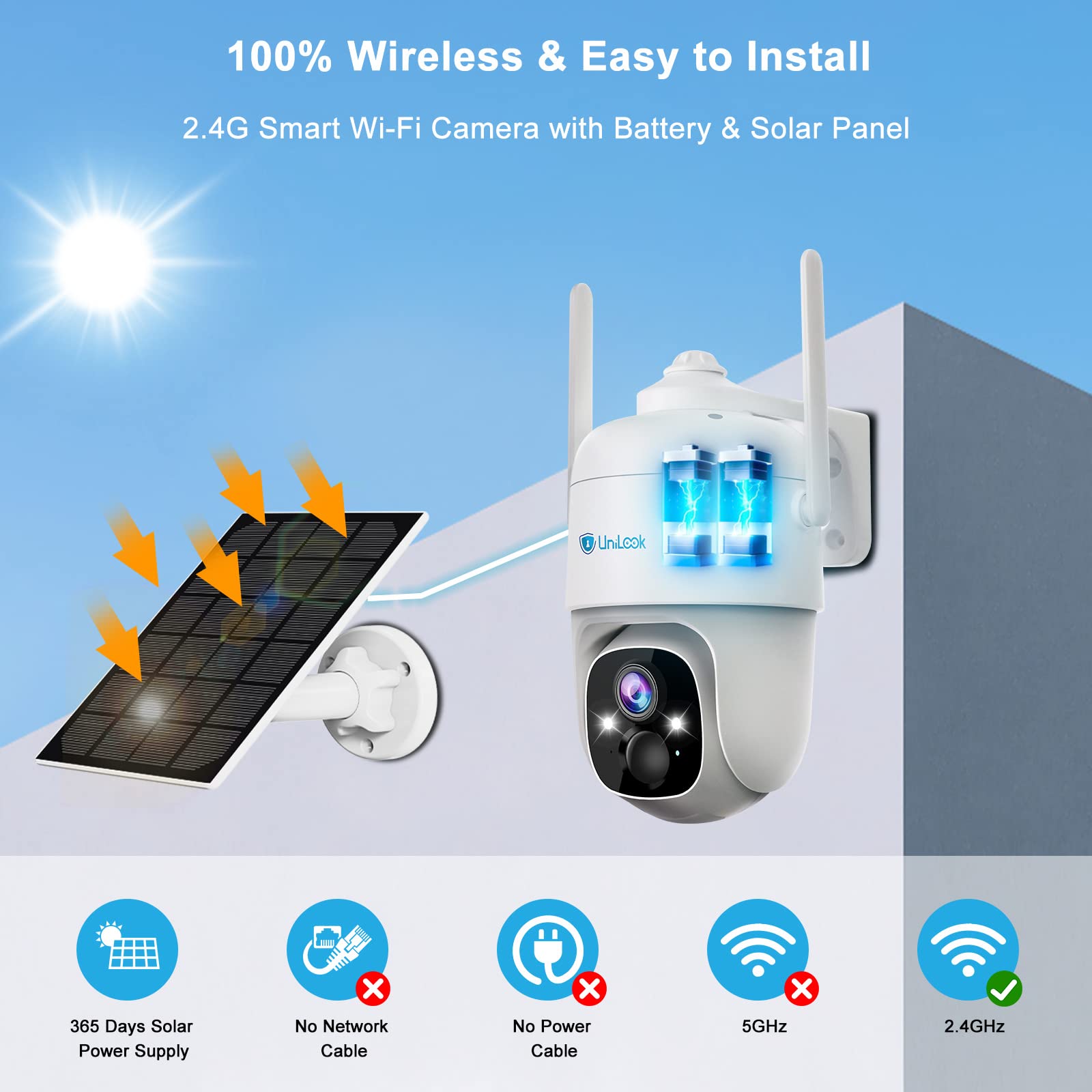UNILOOK 2K Wireless Security Camera PTZ 360° Outdoor Solar Camera with 3MP Color Night Vision, AI Motion Detection IP66 Waterproof, 2-Way Talk, 2.4G WiFi, SD Storage,Whtie