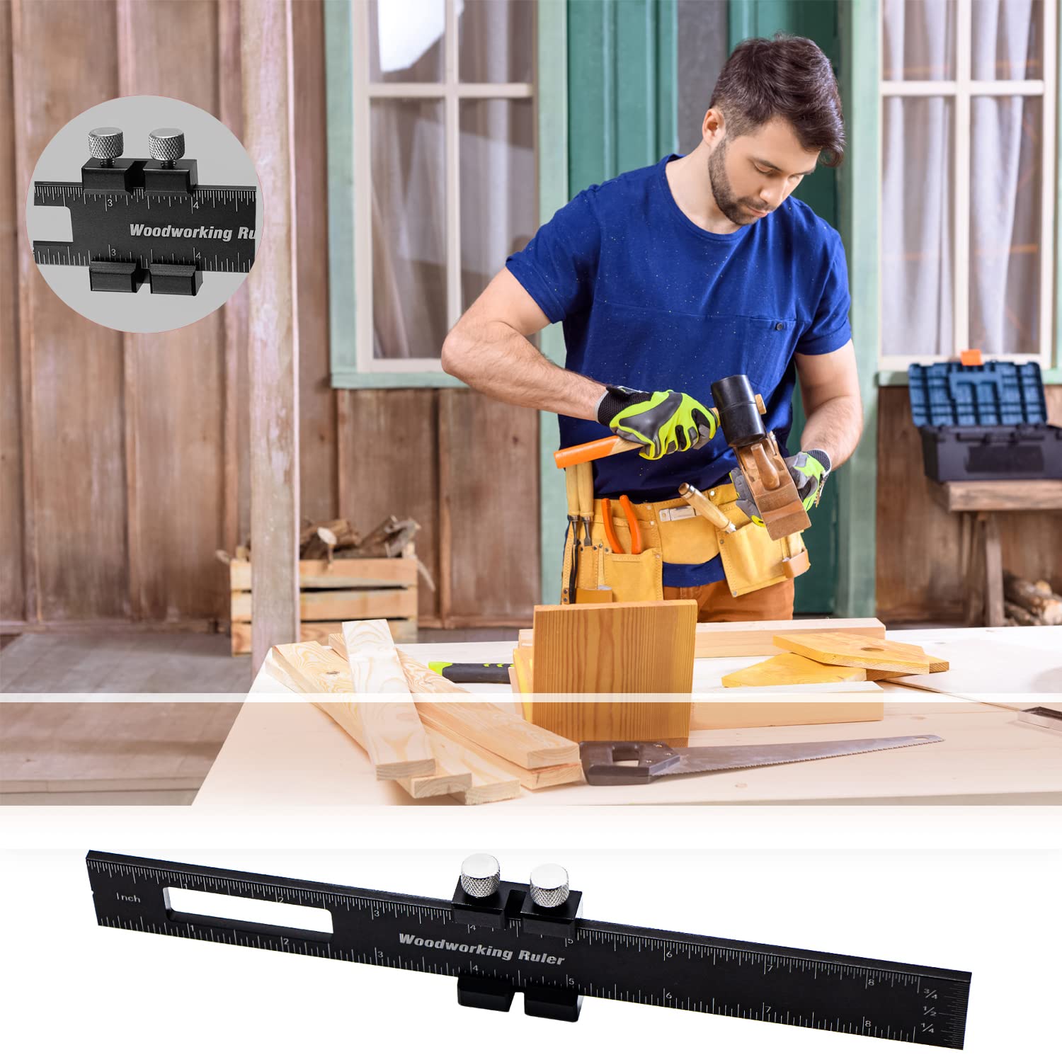 Woodworking Ruler Precision Pocket Rule - 12, 8, 6 Inch Metal Slide Stop Marking Ruler Metric Inch Measuring Wood Working Scribing Rulers Measure Tools - Engineers Woodwork Adjustable Sliding Ruler