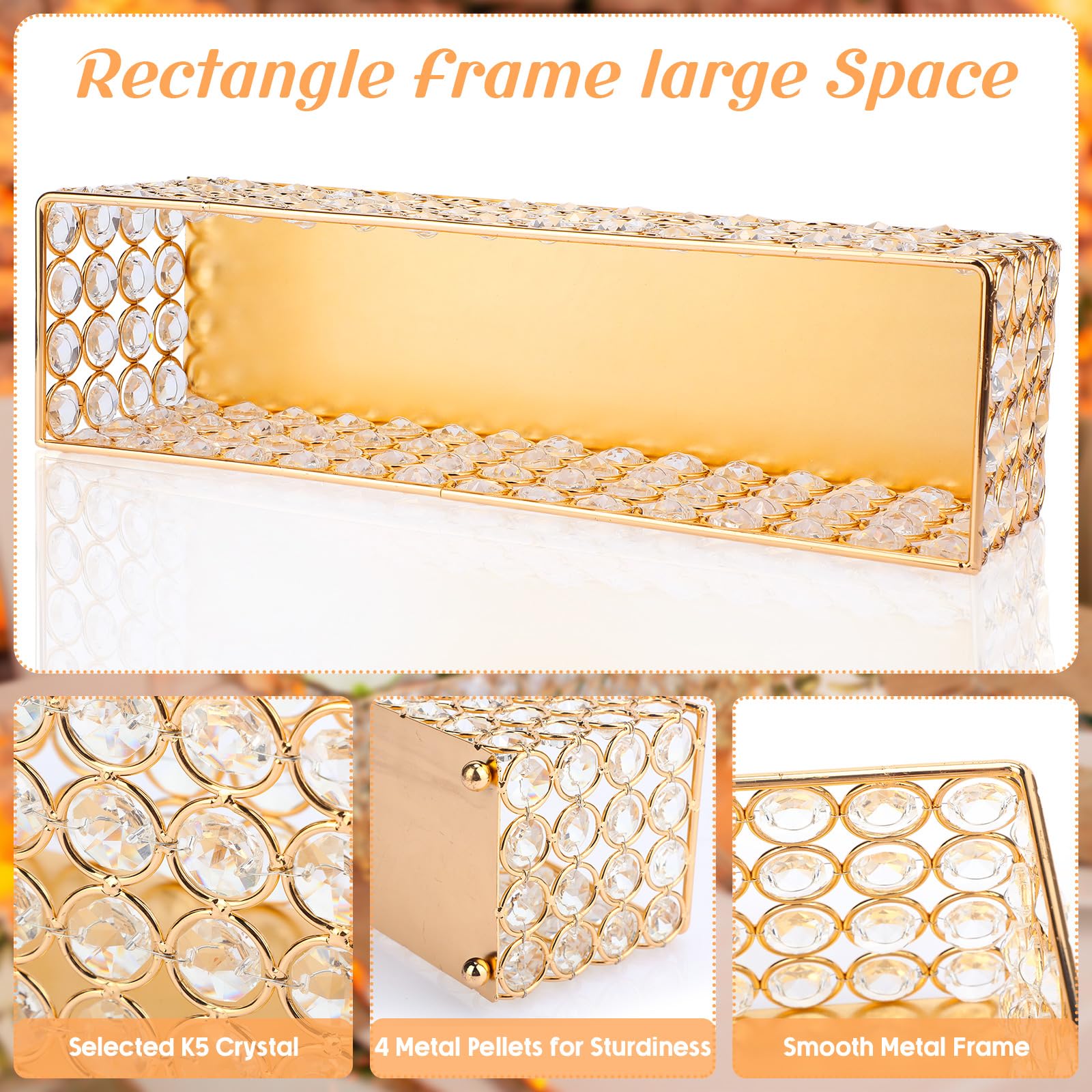Maxdot Gold Crystal Rectangular Floral Centerpiece for Dining Table 12 Inches Long Rectangular Vase Candle Holders Tray Flower Gold Vases for Wedding Party Events Home Dining Table Decor
