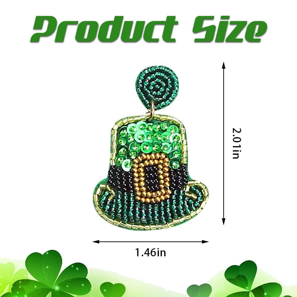St. Patrick's Day Earrings for Women,Beaded Green Glitter Irish Handmade Hat Dangling Earrings for Women St. Patrick's Day Irish Holiday Jewelry Gift