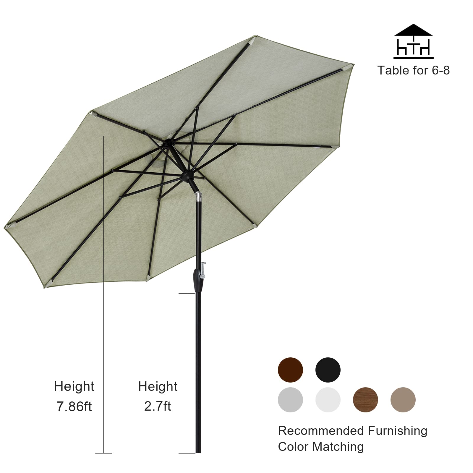 Tempera 9 ft Patio Umbrella Outdoor Table Market Umbrellas with 2-year Nonfading Canopy, 8 Sturdy Ribs and Push Button Tilt & Crank for Deck Pool Garden Lawn and Balcony