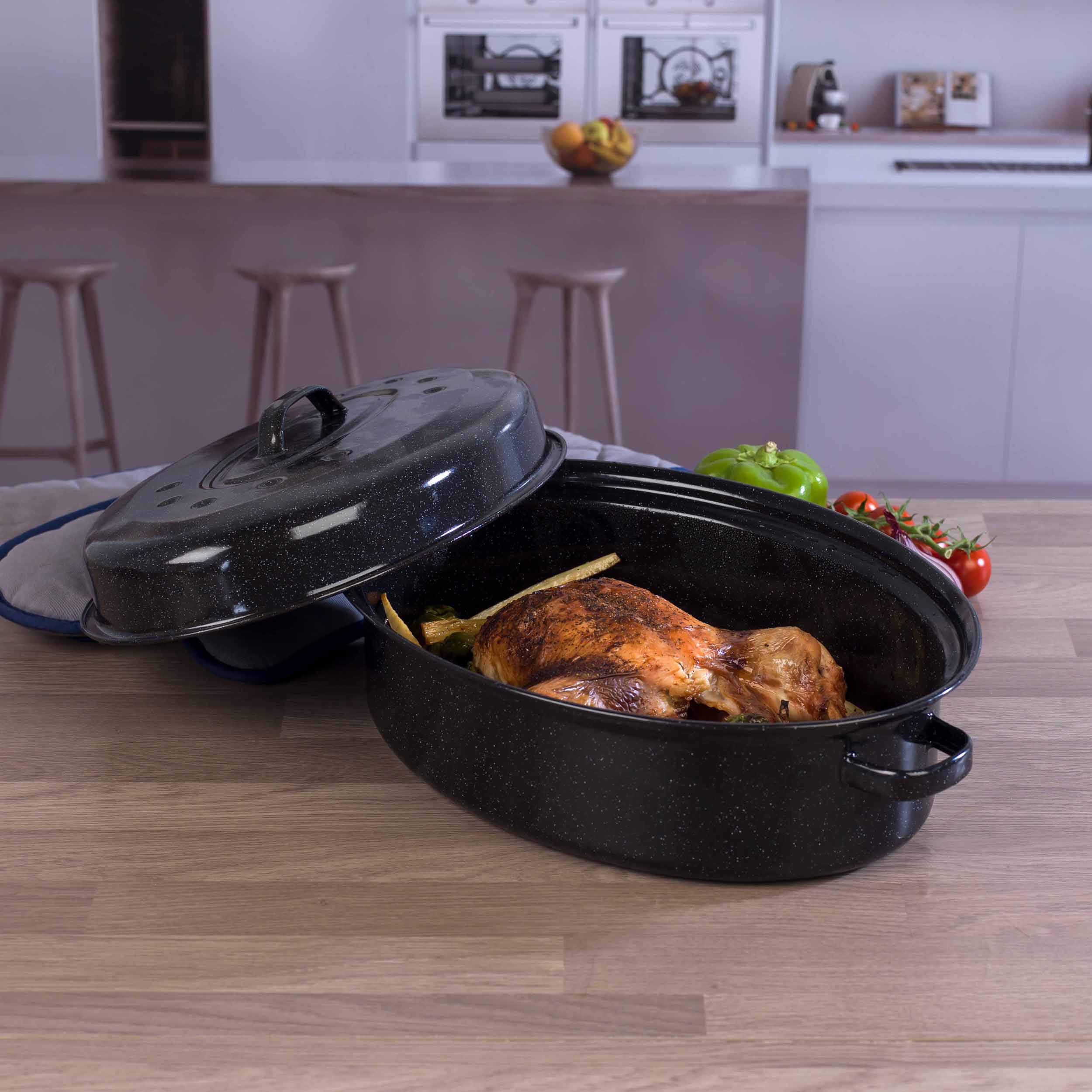 Russell Hobbs® CW11491 Vitreous Enamel Romano Self Basting Roaster with Lid | Dishwasher Safe | Oven Safe | Long Lasting | 36 cm | Black