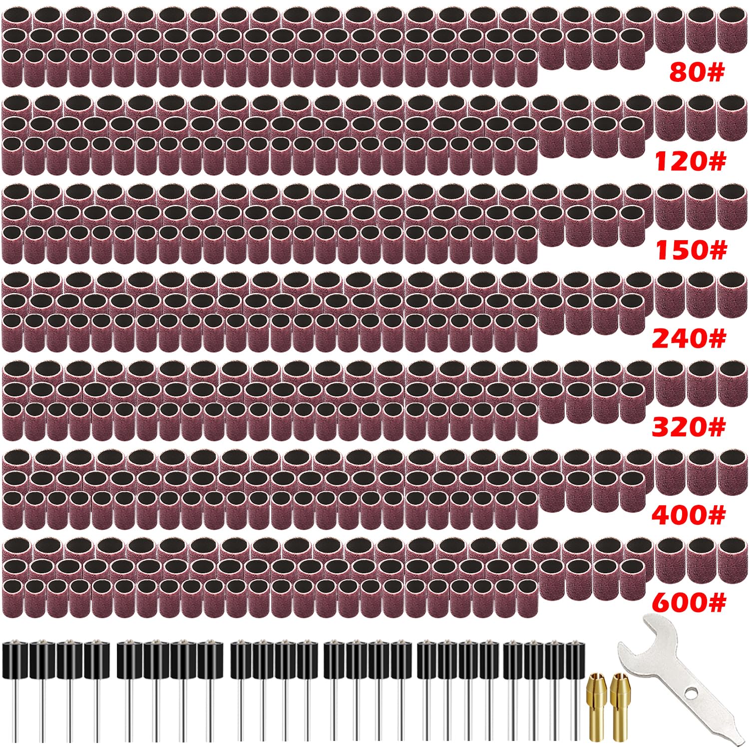 Sunxeke 531 Pcs Sanding Drum Set, Drum Sander Sleeves 80/120/240/320/400/600 Grit Each of 24 Pcs, 24Pcs Drum Mandrels diameters, 2Pcs Self-Tightening Drill Chuck, Wrench 1Pc, Dremel Rotary Tool