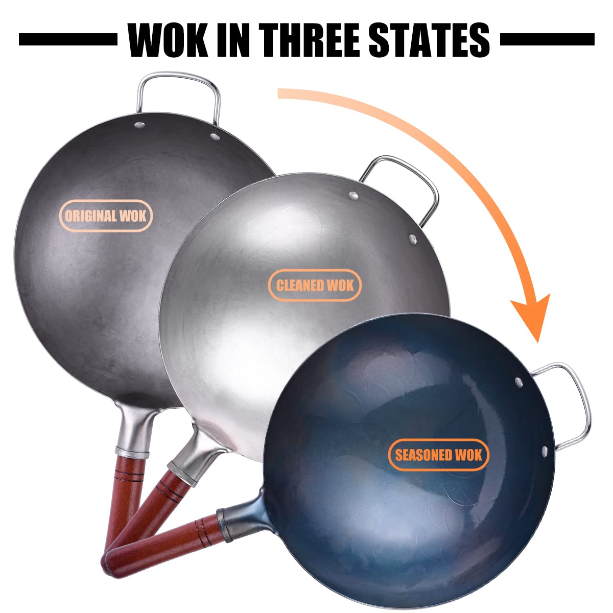 Teewe Carbon Steel Wok Traditional Hand Hammered Wok - 13.4” Chinese Wok Round Bottom Wok Pan Set with 8 Pcs Cookware Accessories